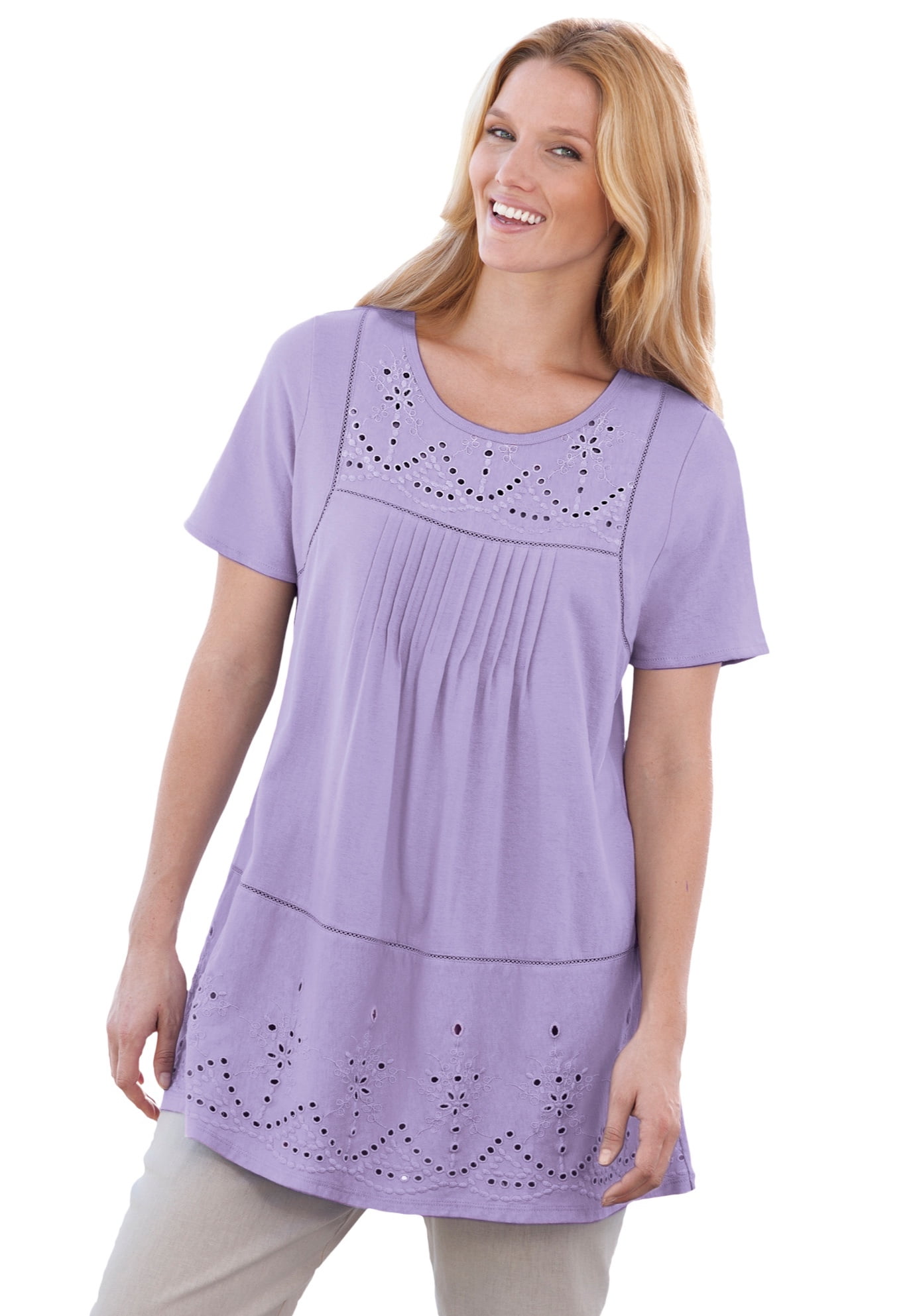 Woman Within Women's Plus Size Embroidered Eyelet Pintucked Tunic ...