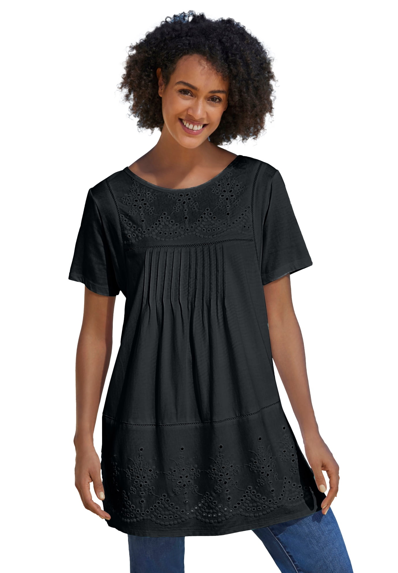Woman Within Plus Size Embroidered Eyelet Pintucked Tunic - Walmart.com