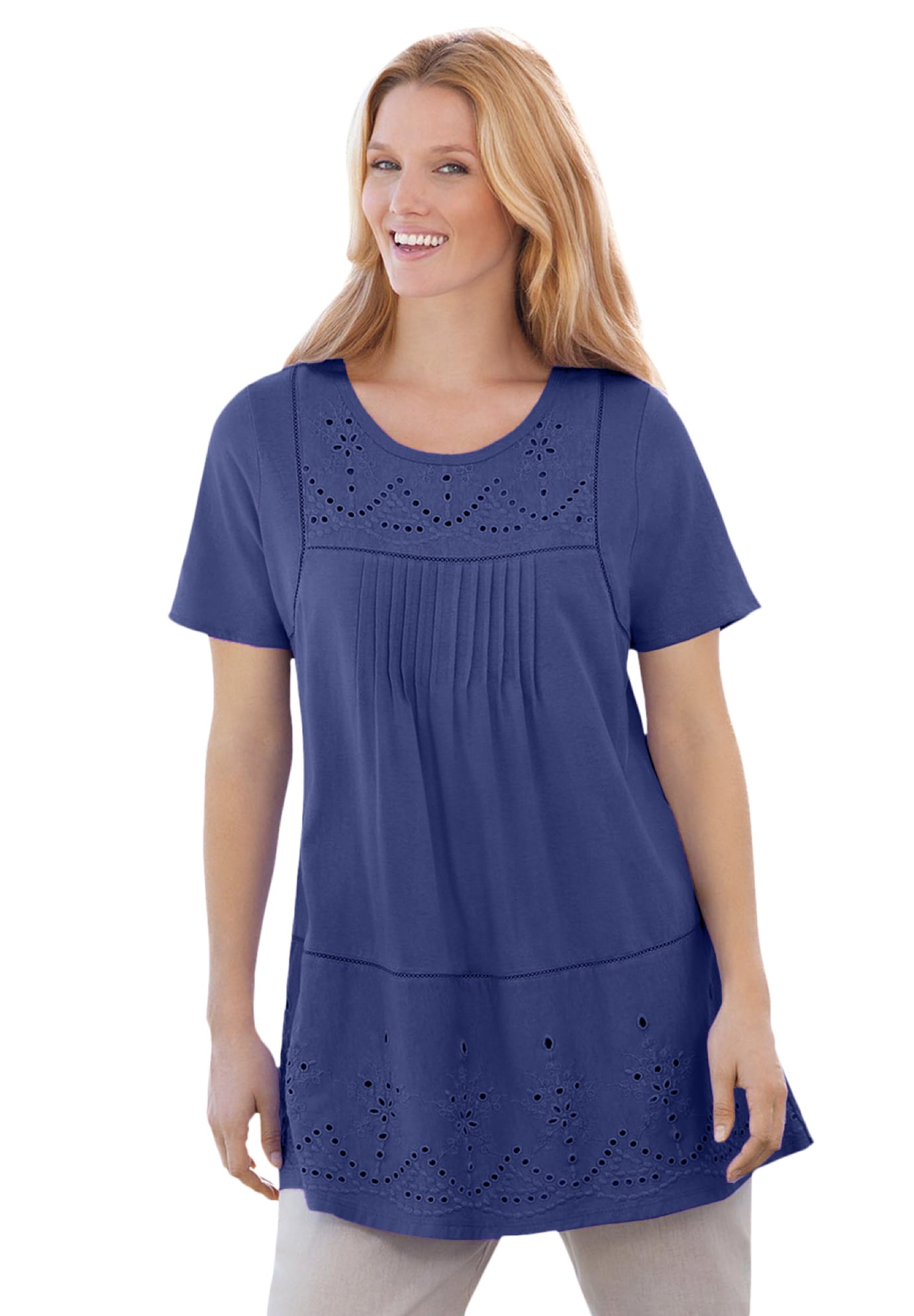 Woman Within Women's Plus Size Embroidered Eyelet Pintucked Tunic ...