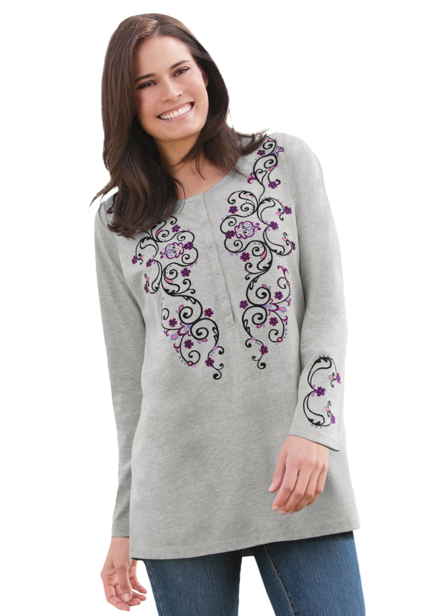 Woman Within Plus Size Embroidered Henley Tee - Walmart.com