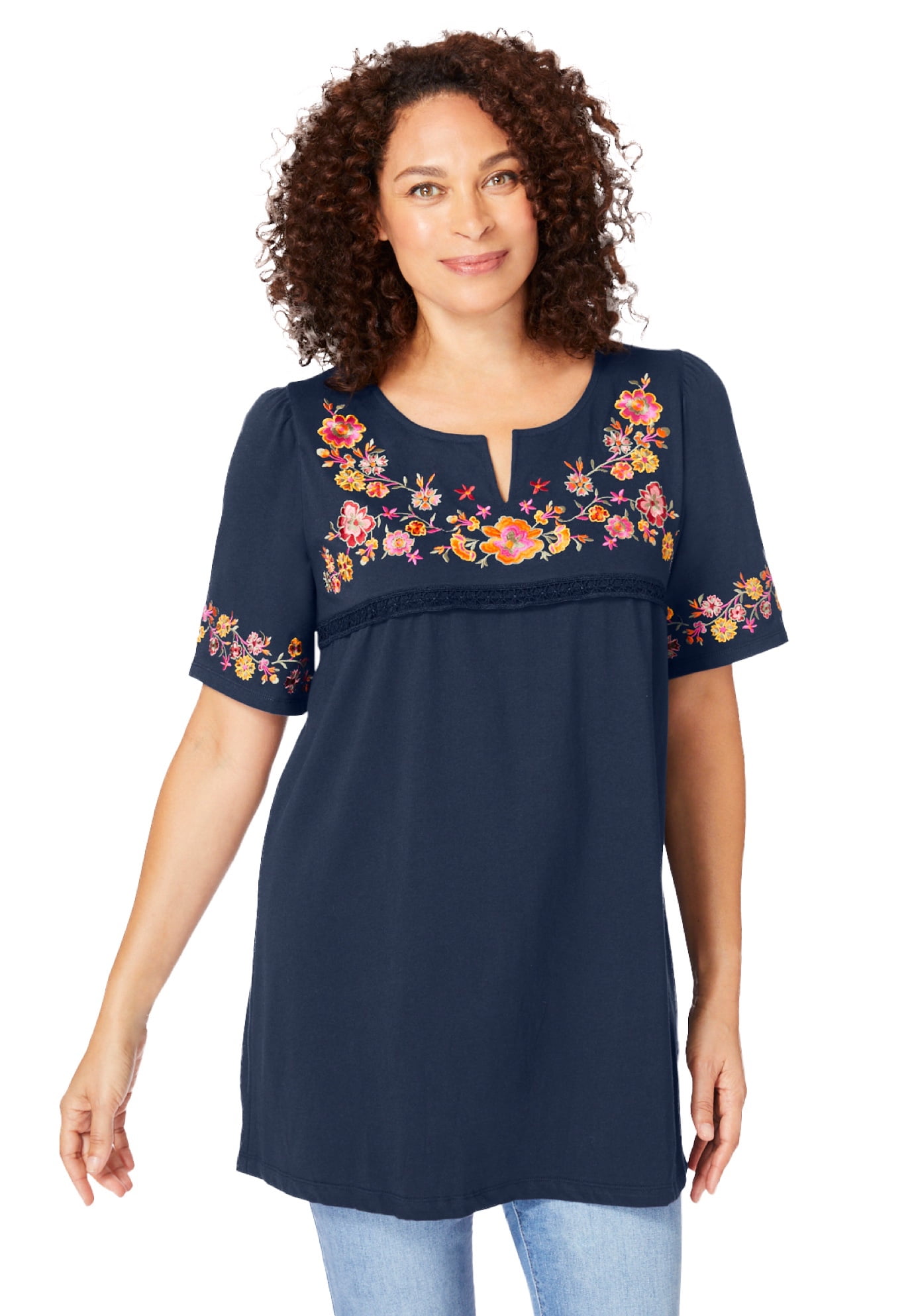 Woman Within Women's Plus Size Embroidered Split-Neck Tunic - Walmart.com