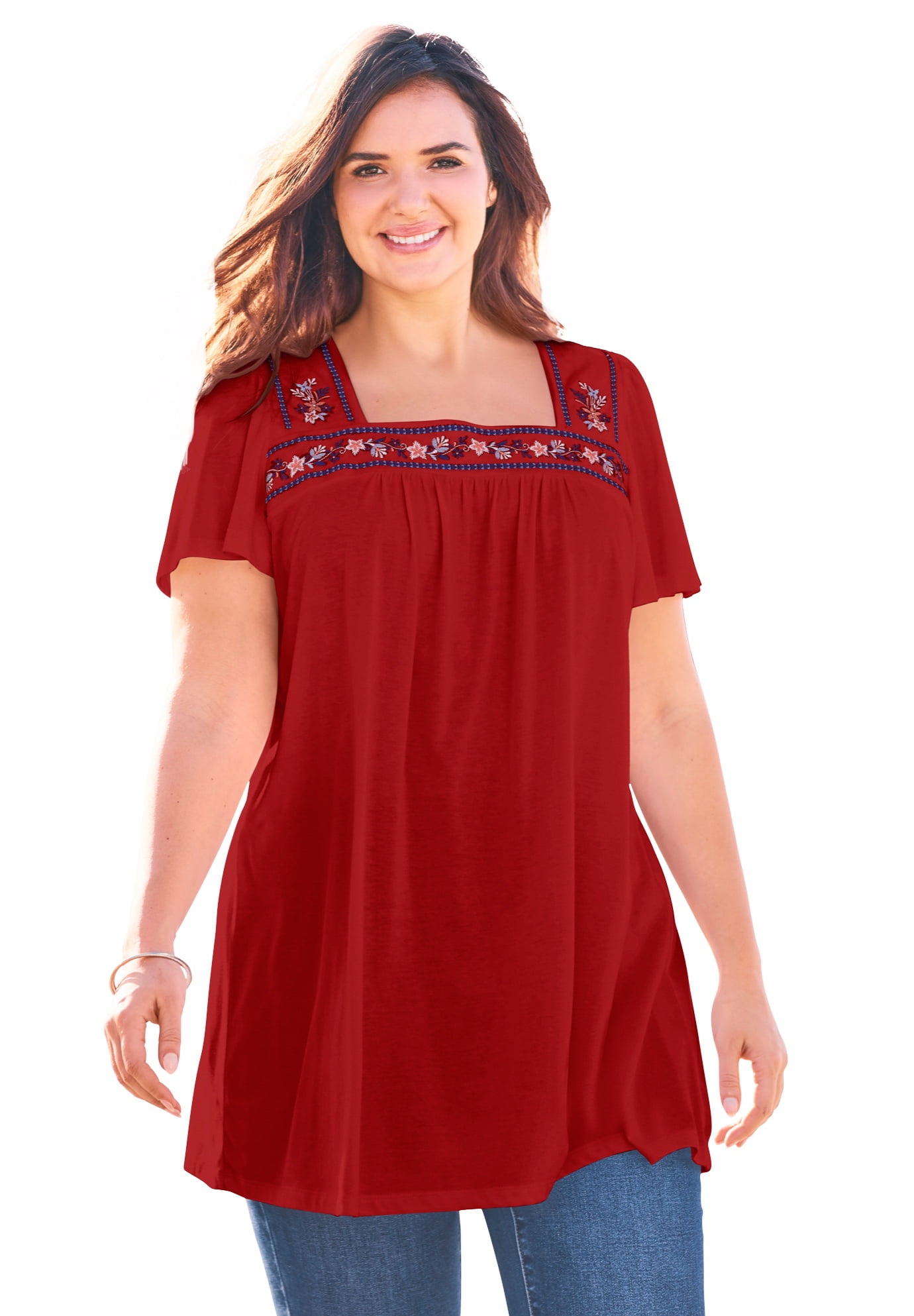 Woman Within Women's Plus Size Embroidered Square Neck Tunic - Walmart.com