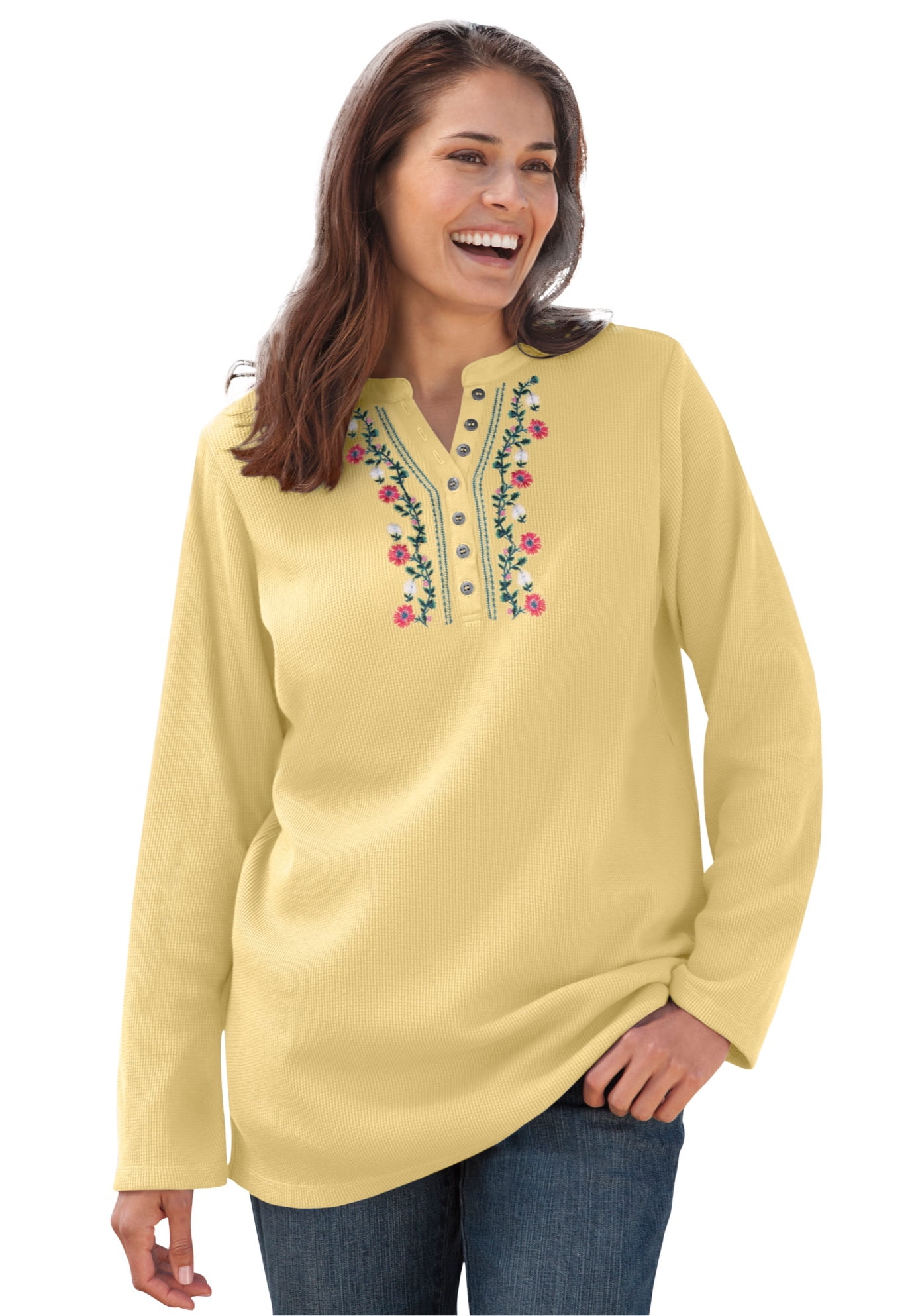 Woman Within Plus Size Embroidered Thermal Henley Tee - Walmart.com