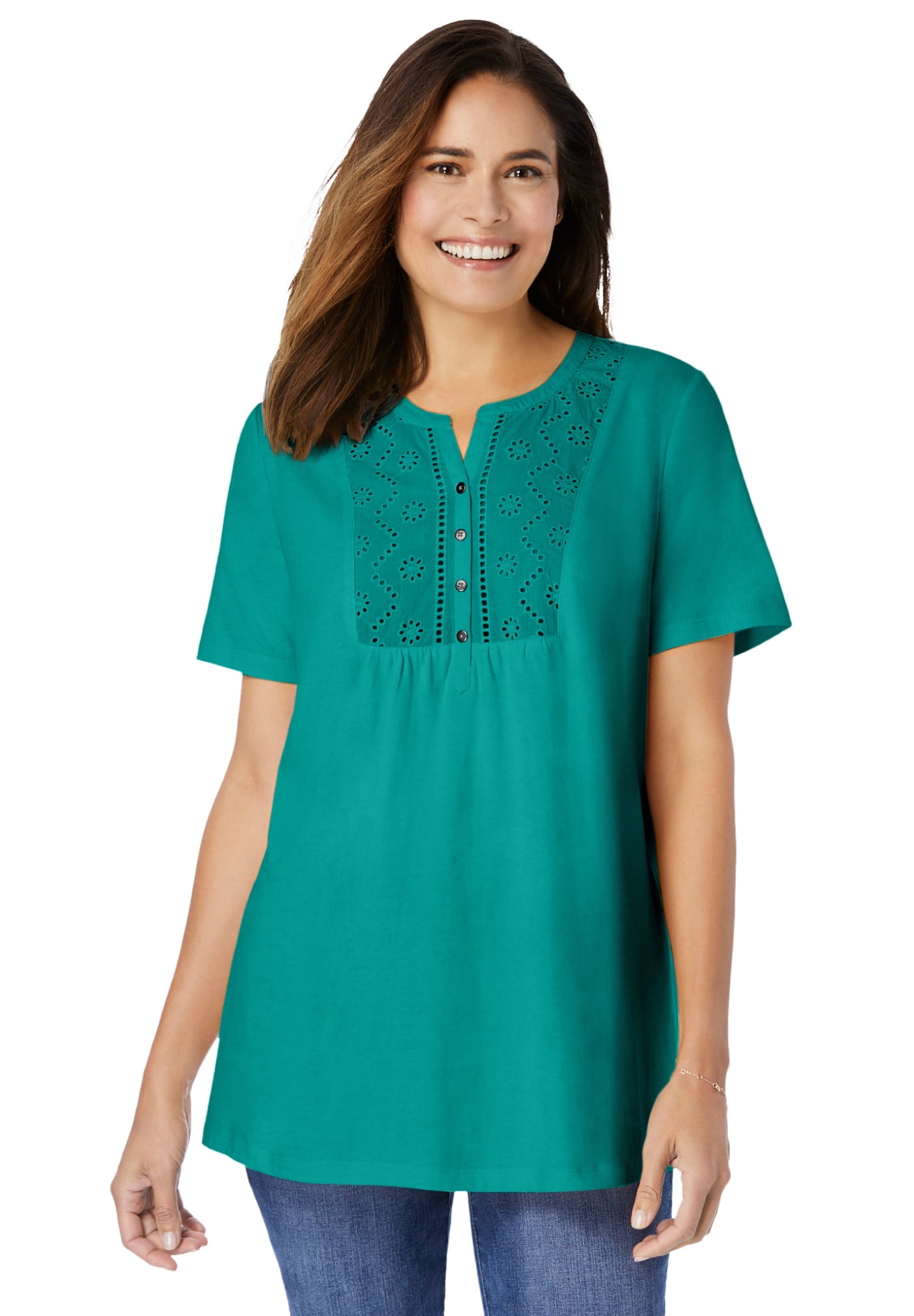 Woman Within Women's Plus Size Eyelet Henley Tee - Walmart.com