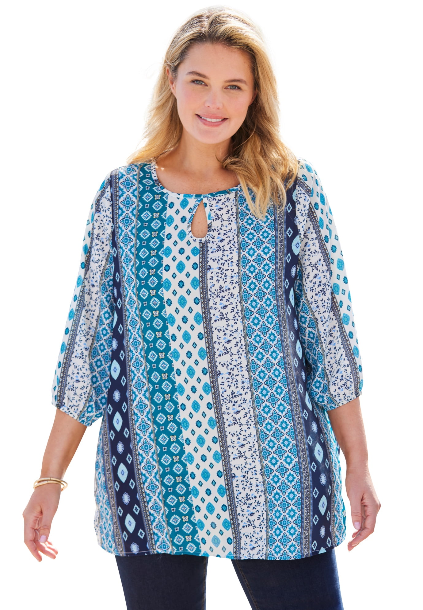 Woman Within Women's Plus Size Keyhole Three-Quarter Sleeve Blouse ...