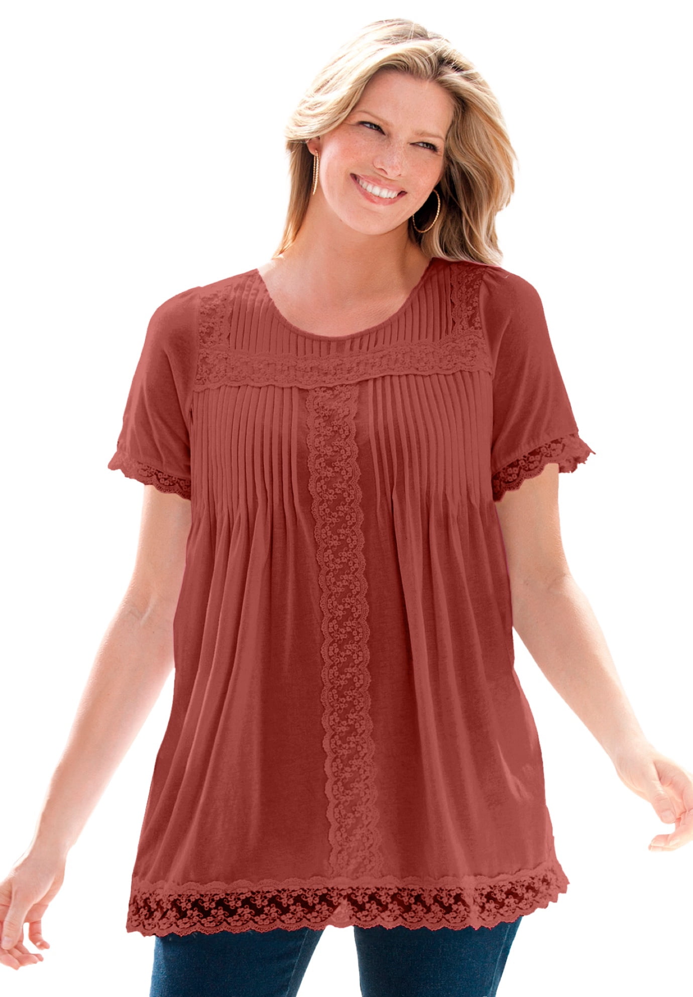 Woman Within Women's Plus Size Lace-Trim Pintucked Tunic - Walmart.com