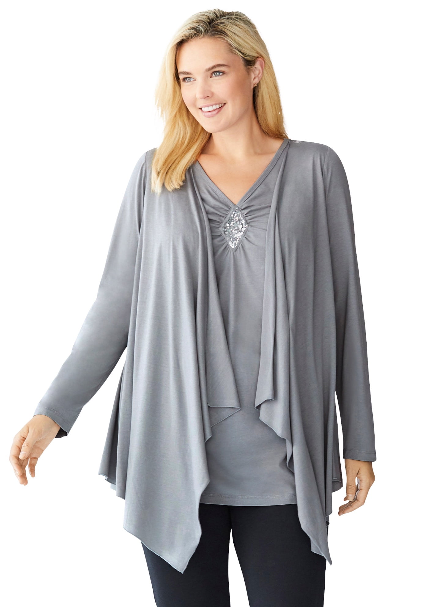 Woman Within Plus Size Layered Long Top, Sequined Inset Shirt - Walmart.com
