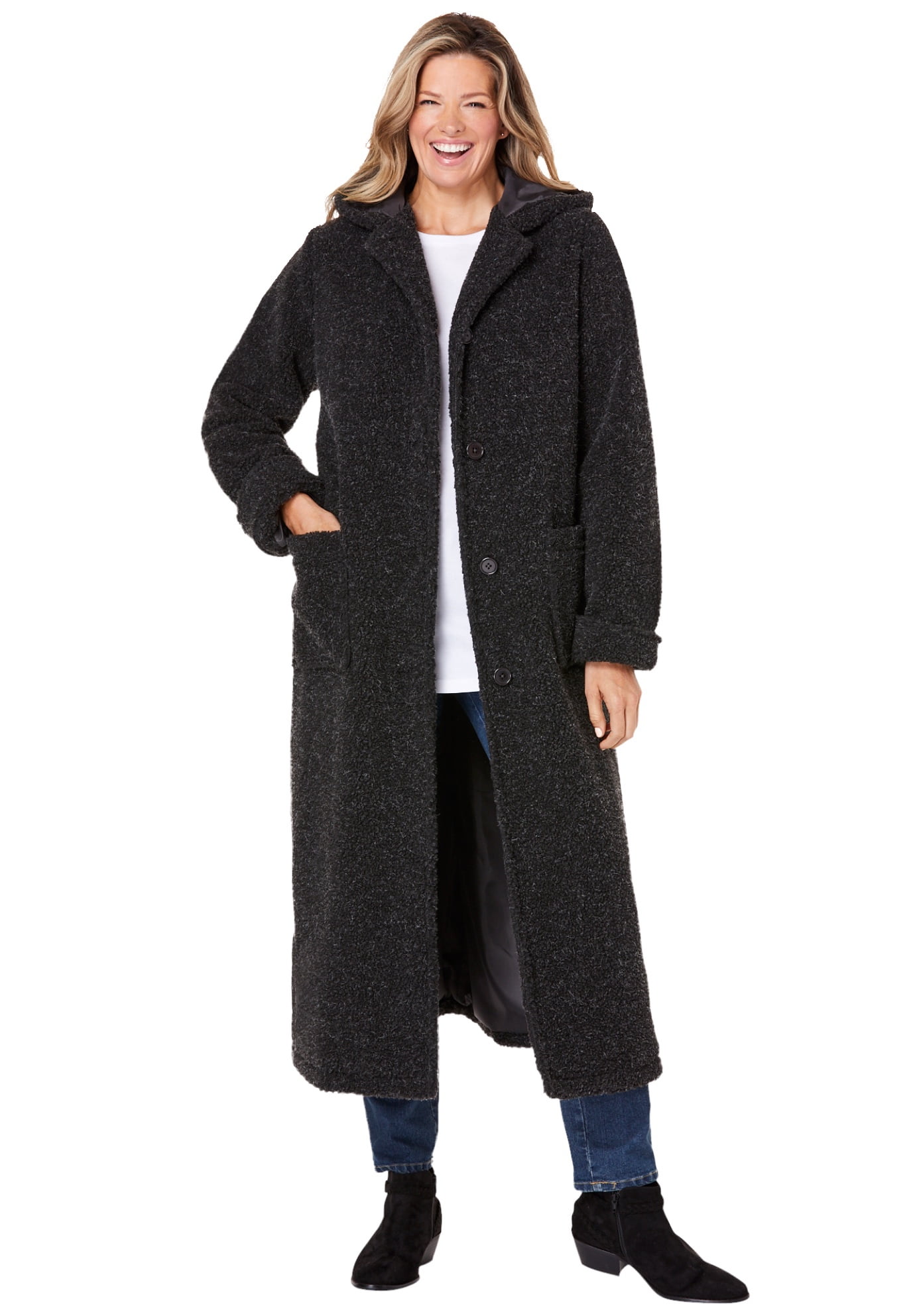 Woman Within Womens Plus Size Long Hooded Berber Fleece Coat