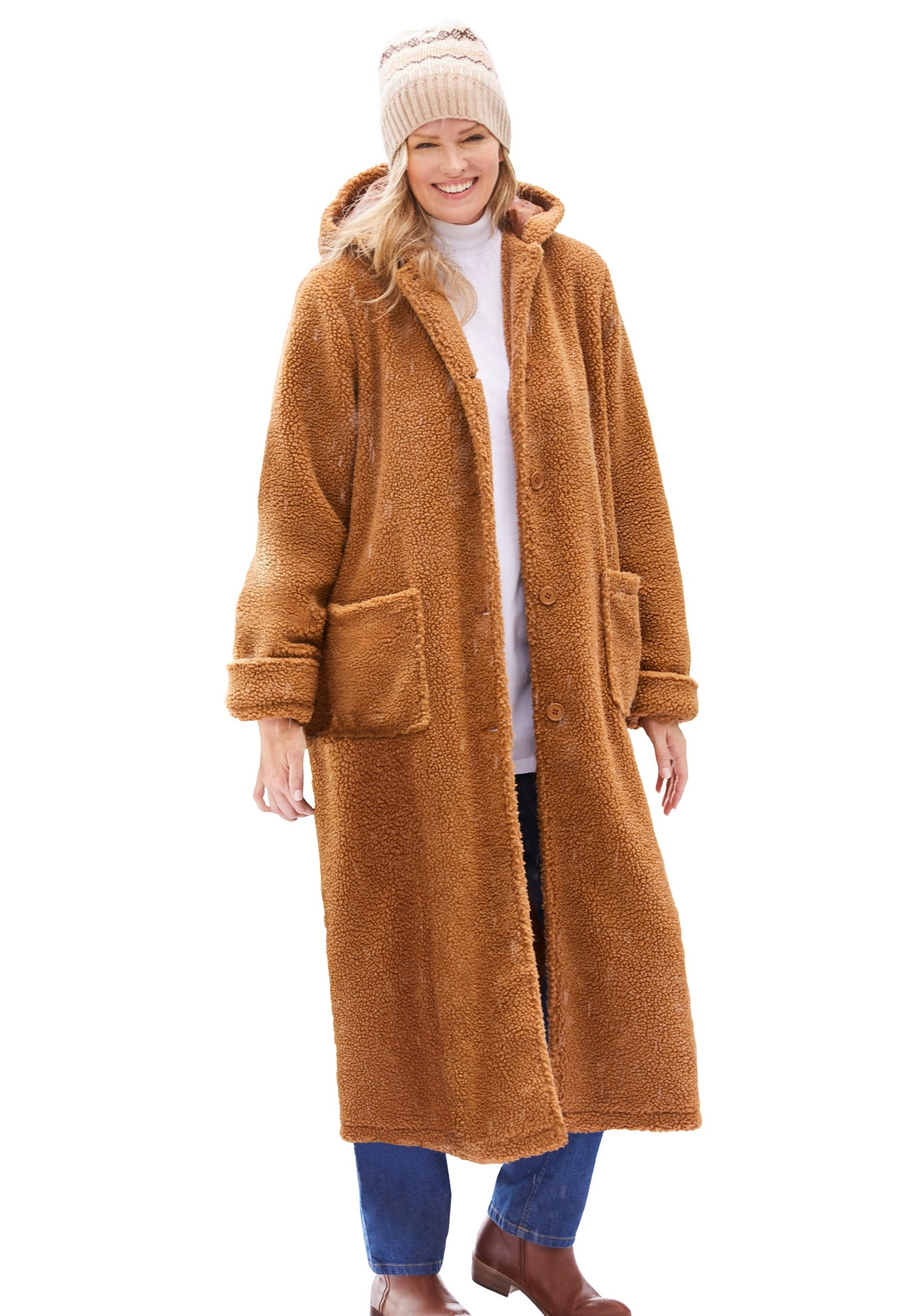 Woman Within Womens Plus Size Long Hooded Berber Fleece Coat