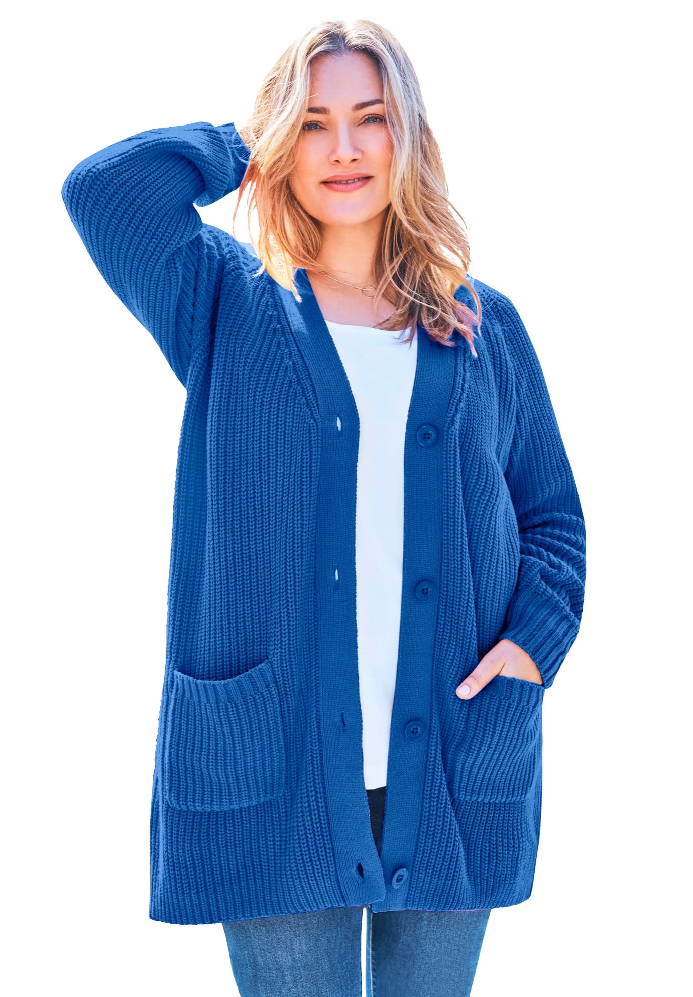 Woman Within Women's Plus Size Button-Front Shaker Cardigan - Walmart.com