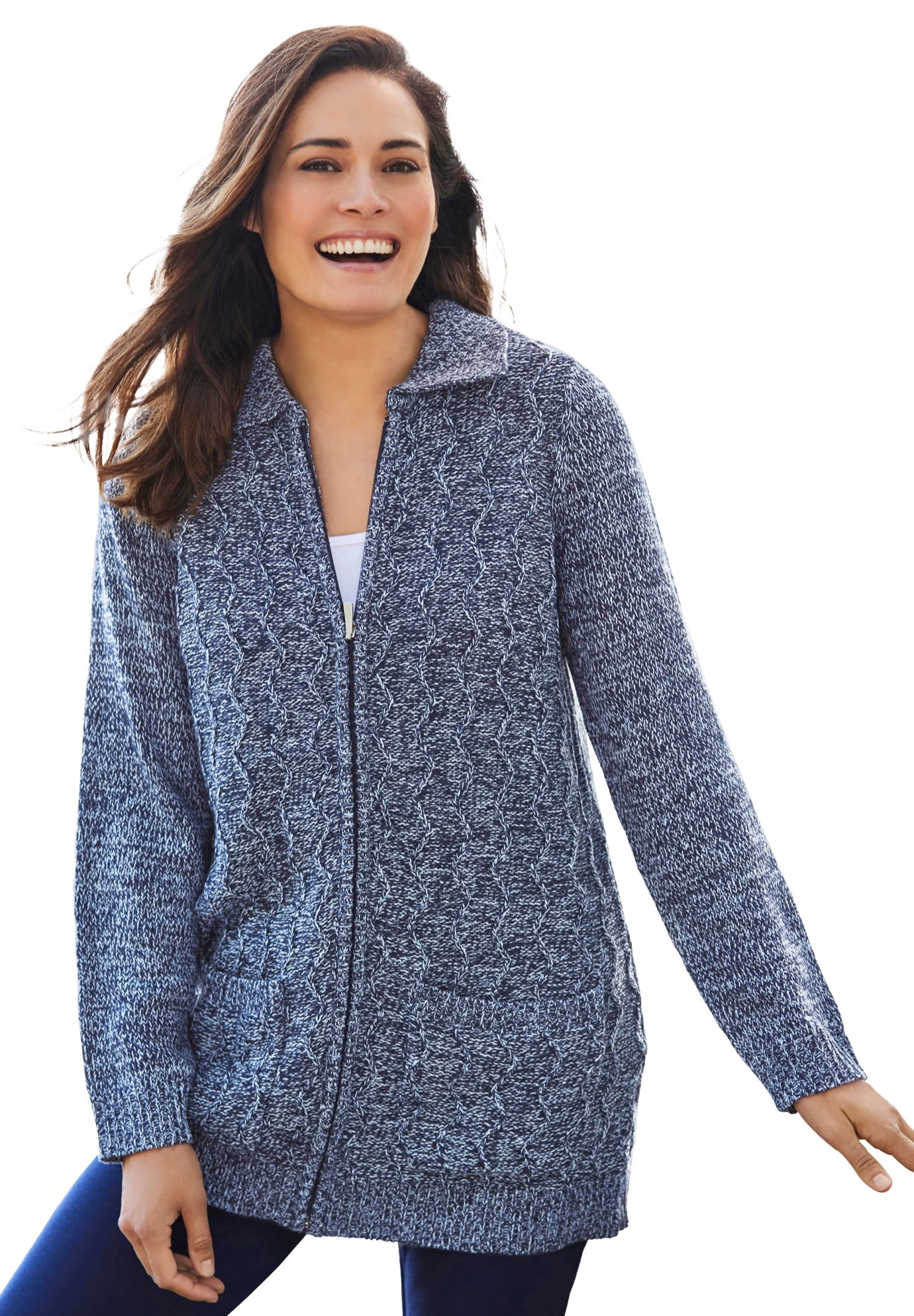 Woman Within Plus Size Marled Zip-Front Cable Knit Cardigan - Walmart.com