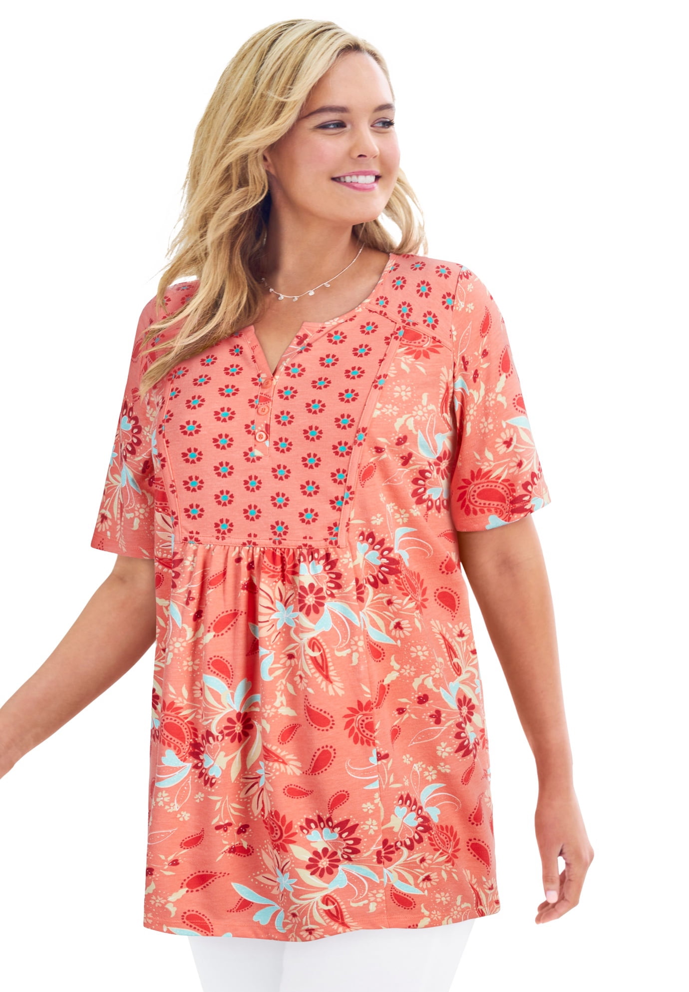 Woman Within Women's Plus Size Mixed Print Henley Tunic - Walmart.com