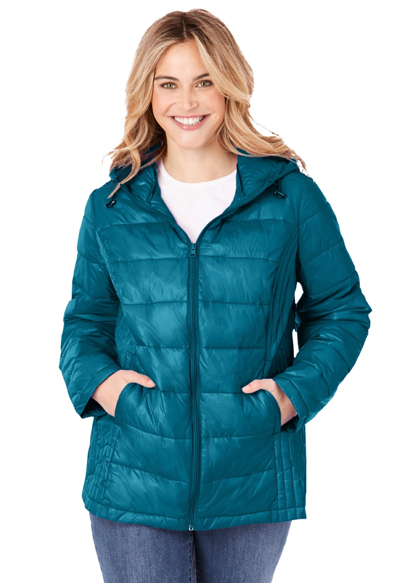 Woman Within Plus Size Packable Puffer Jacket, Lightweight, Hooded ...