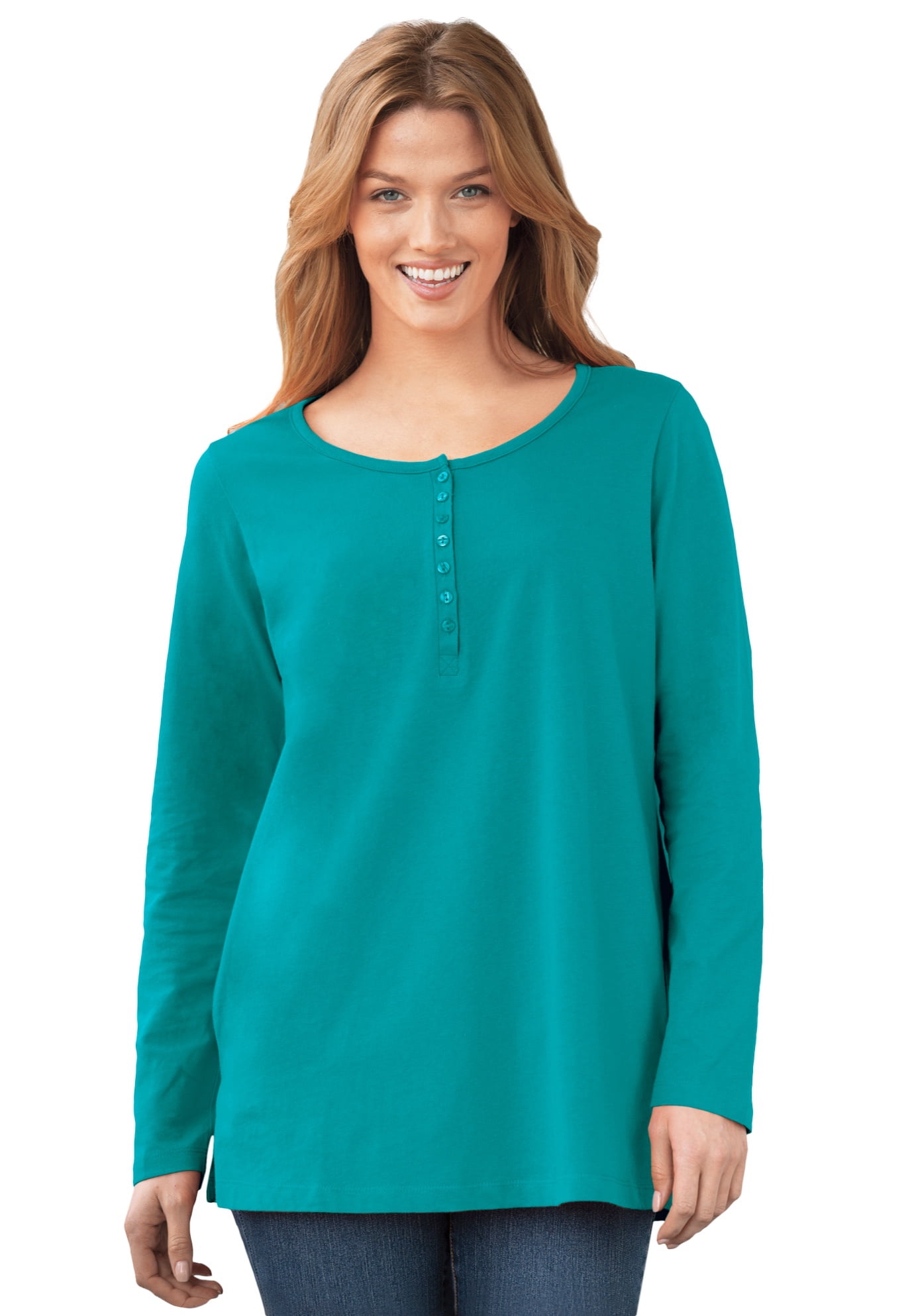 Woman Within Women's Plus Size Perfect Long-Sleeve Henley Tee - Walmart.com