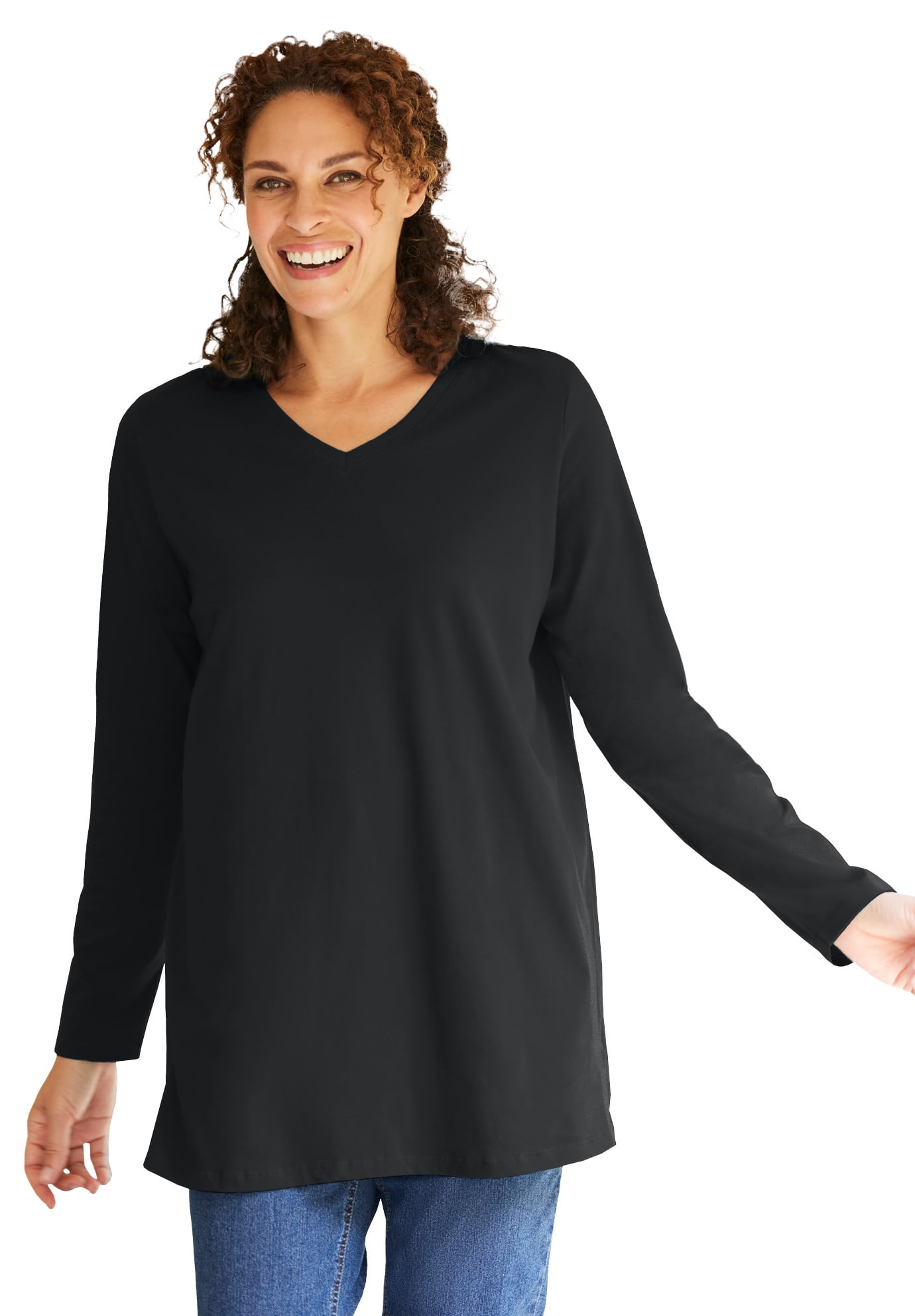 Woman Within Plus Size Perfect Long-Sleeve V-Neck Tunic - Walmart.com