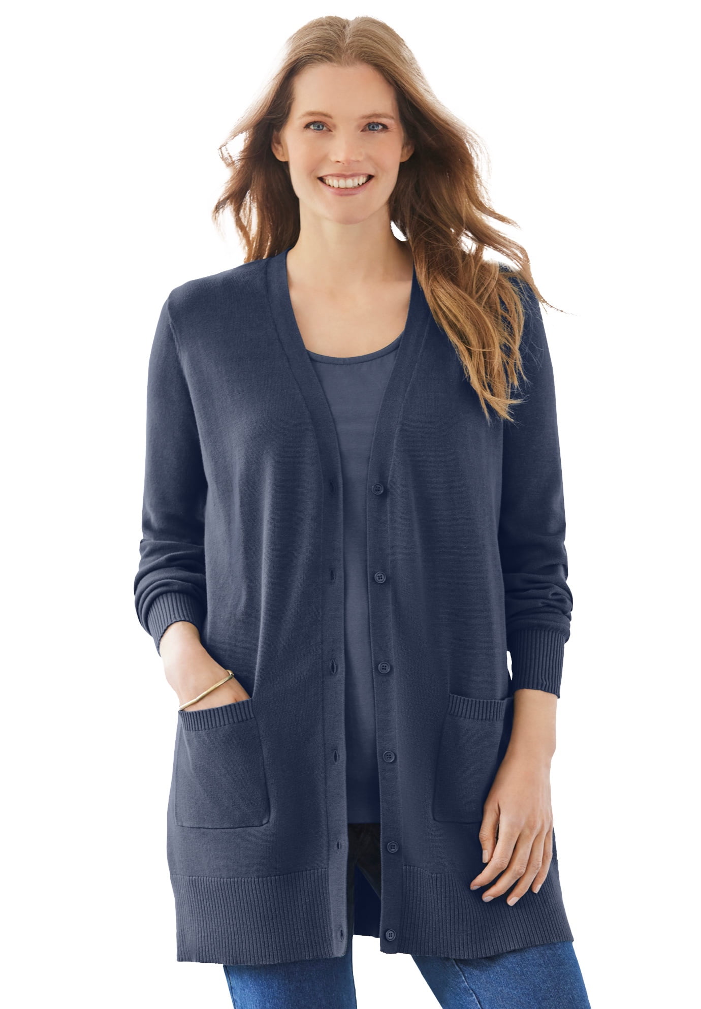 Woman Within Plus Size Perfect Longer-Length Cotton Cardigan - Walmart.com