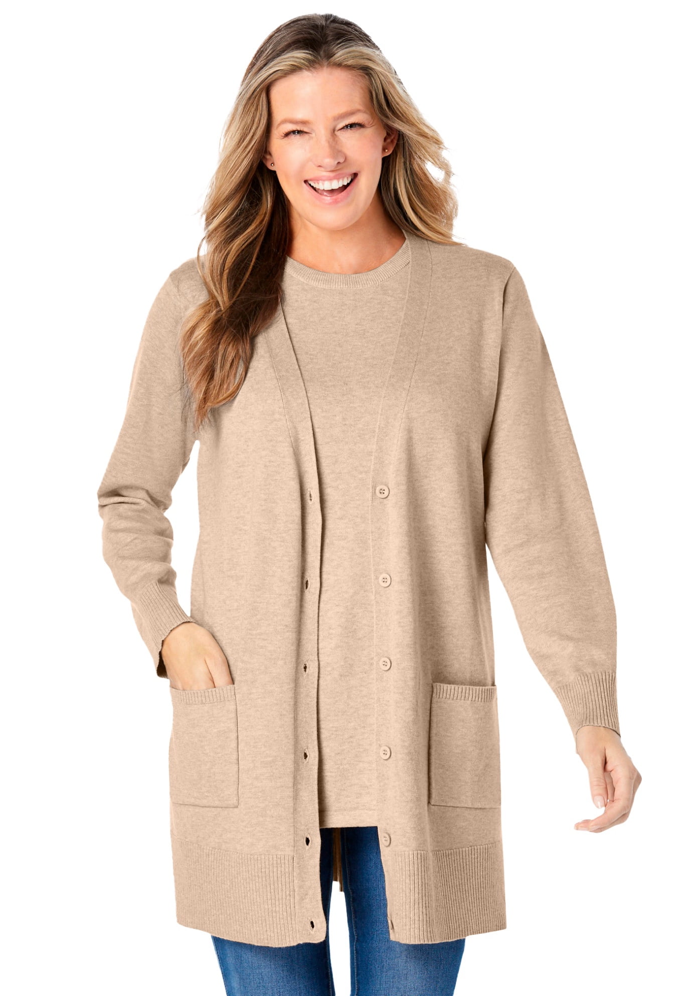 Woman Within Women's Plus Size Perfect Longer-Length Cotton Cardigan ...