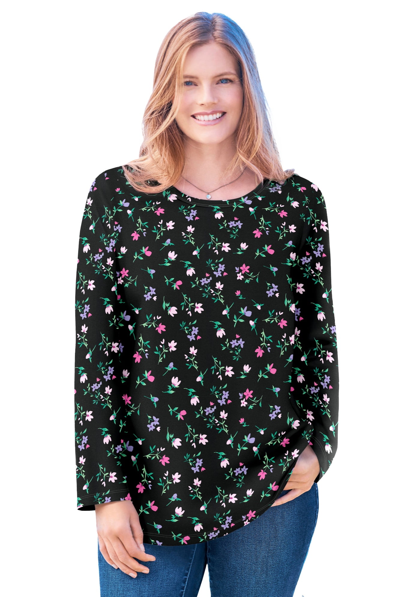 Woman Within Plus Size Perfect Printed Long-Sleeve Crewneck Tee ...