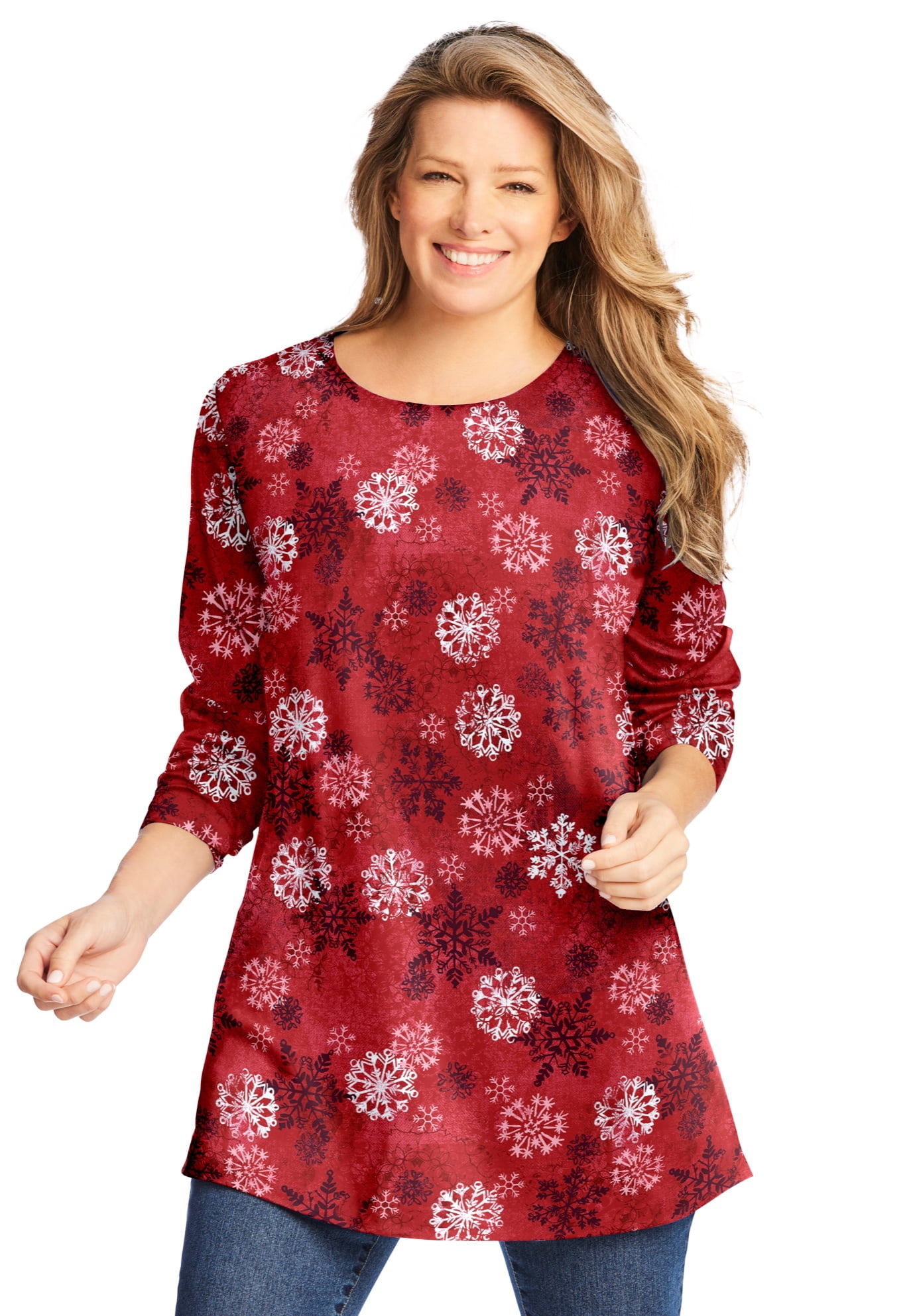 Woman Within Plus Size Perfect Printed Long-Sleeve Crewneck Tunic ...