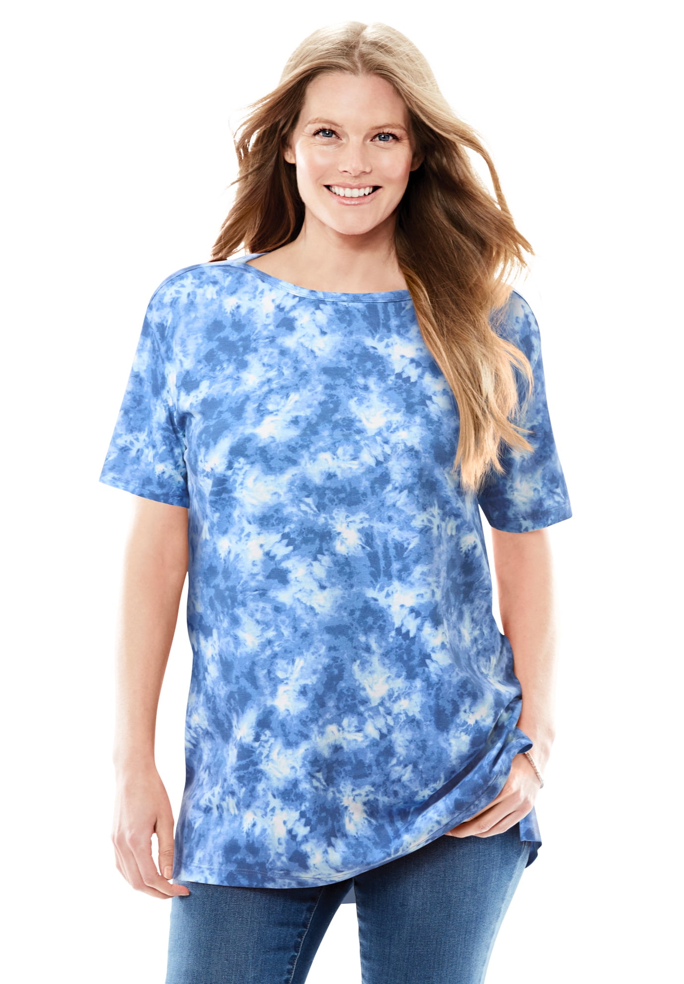 Woman Within Plus Size Perfect Printed Short-Sleeve Boatneck Tunic ...
