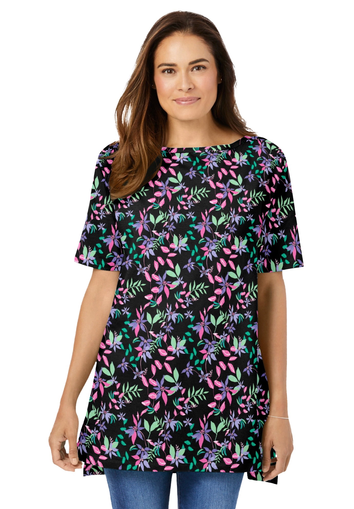 Woman Within Plus Size Perfect Printed Short-Sleeve Boatneck Tunic ...