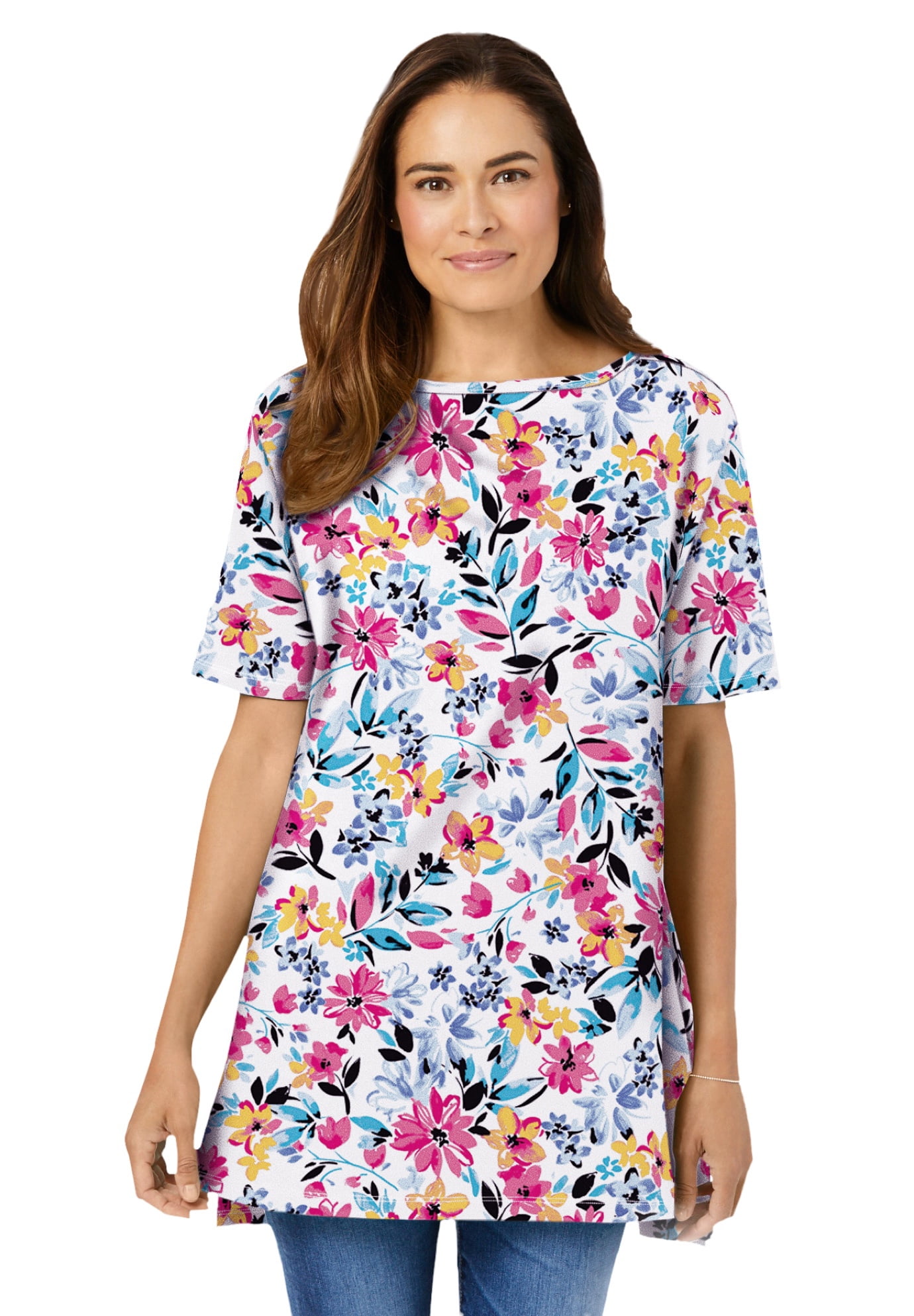 Woman Within Plus Size Perfect Printed Short-Sleeve Boatneck Tunic ...