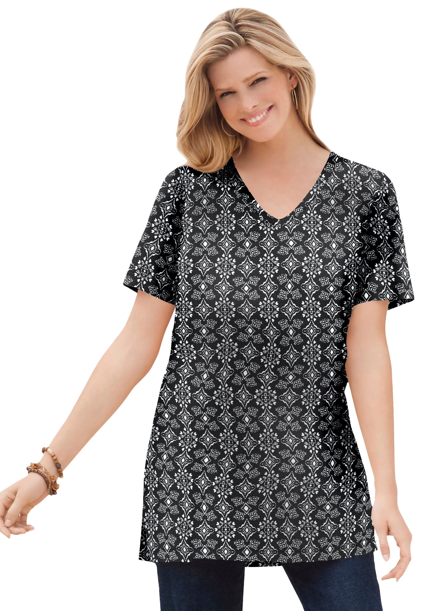 Woman Within Women's Plus Size Perfect Printed Short-Sleeve Shirred V ...