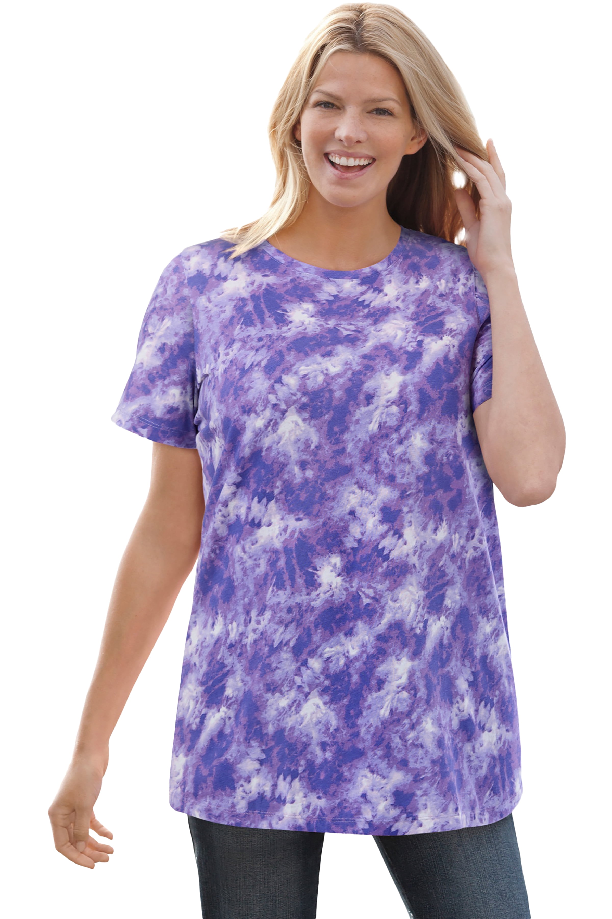 Woman Within Plus Size Perfect Printed Short-Sleeve Shirred V-Neck ...