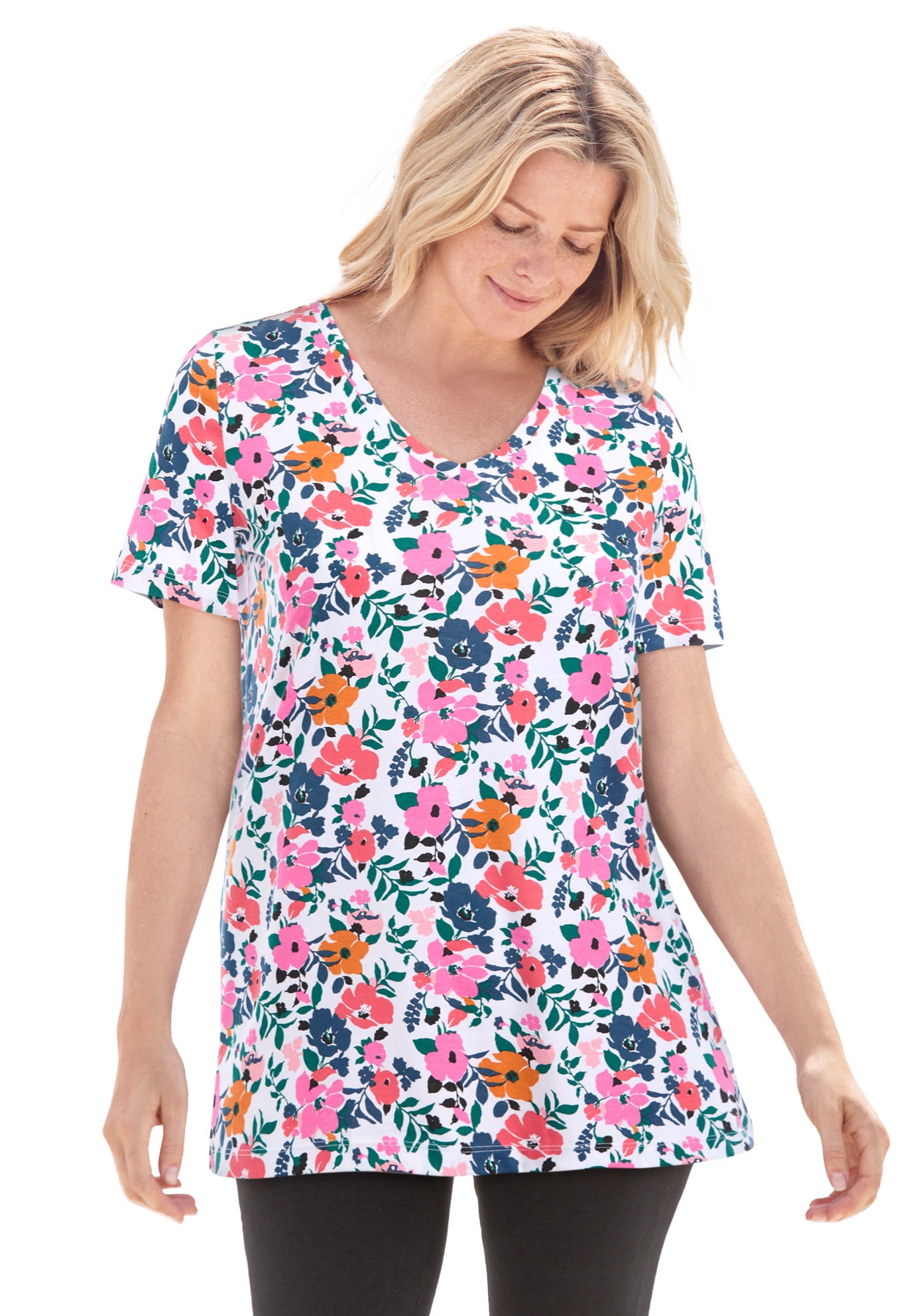 Woman Within Plus Size Perfect Printed Short-Sleeve V-Neck Tee ...