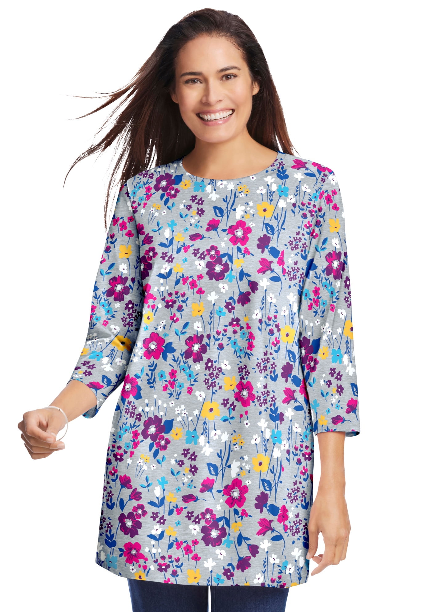 Woman Within Plus Size Perfect Printed Three-Quarter Sleeve Crewneck ...