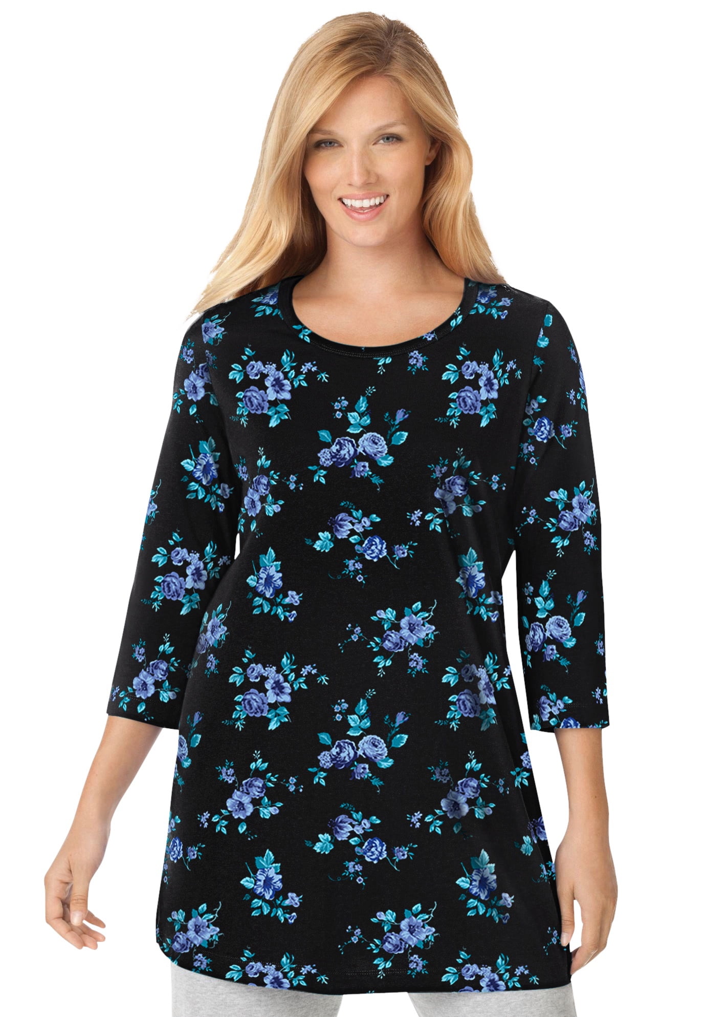 Woman Within Women's Plus Size Perfect Printed Three-Quarter-Sleeve ...