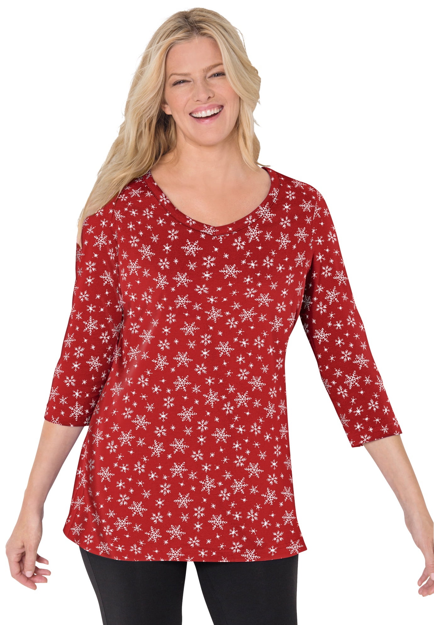 Woman Within Women's Plus Size Perfect Printed Three-Quarter Sleeve V ...