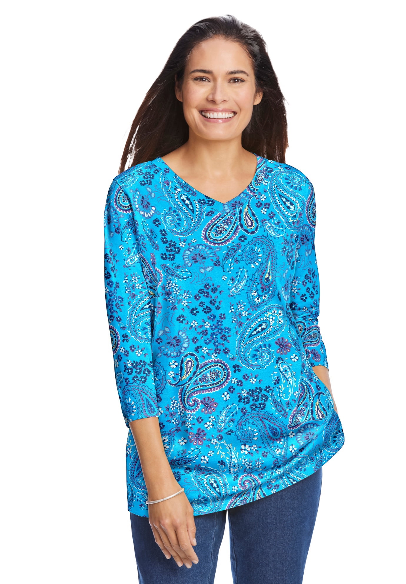 Woman Within Women's Plus Size Perfect Printed Three-Quarter Sleeve V ...