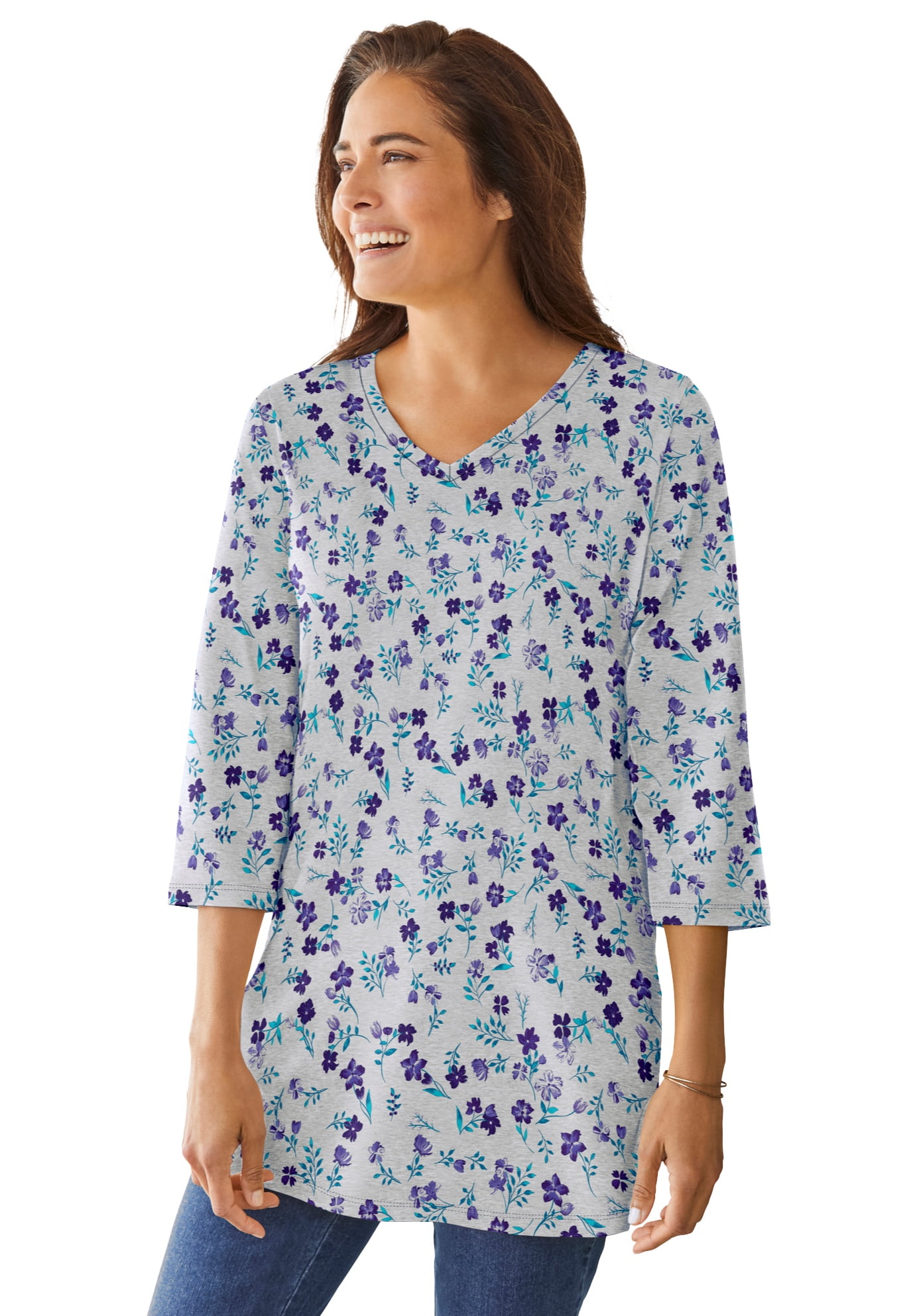 Woman Within Women's Plus Size Perfect Printed Three-Quarter-Sleeve V ...