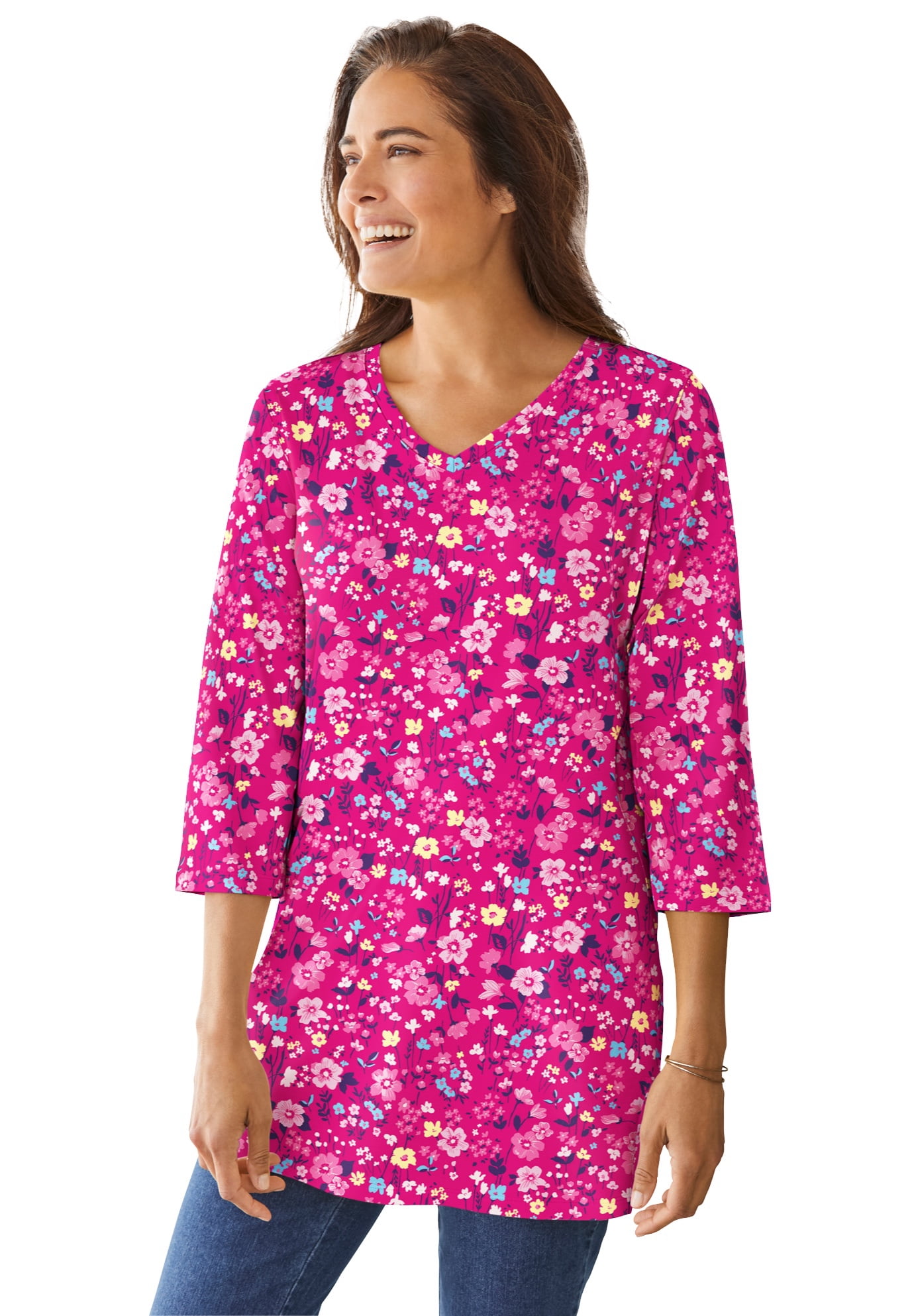 Woman Within Plus Size Perfect Printed Three-Quarter-Sleeve V-Neck ...