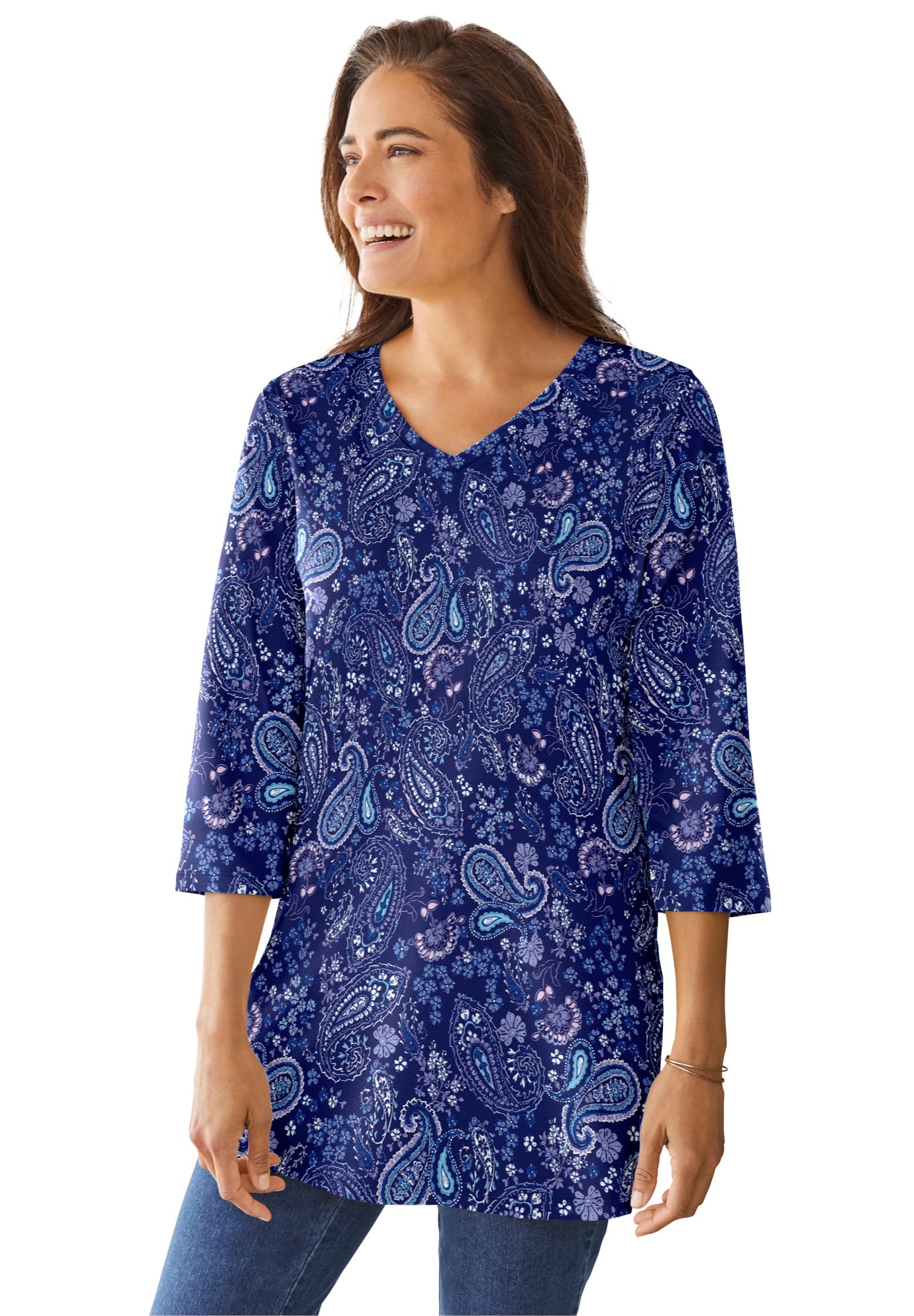 Woman Within Women's Plus Size Perfect Printed Three-Quarter-Sleeve V ...