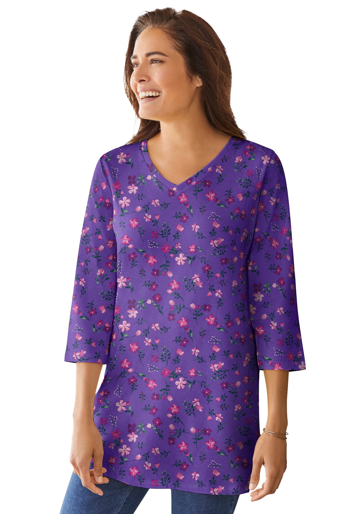 Woman Within Women's Plus Size Perfect Printed Three-Quarter-Sleeve V ...