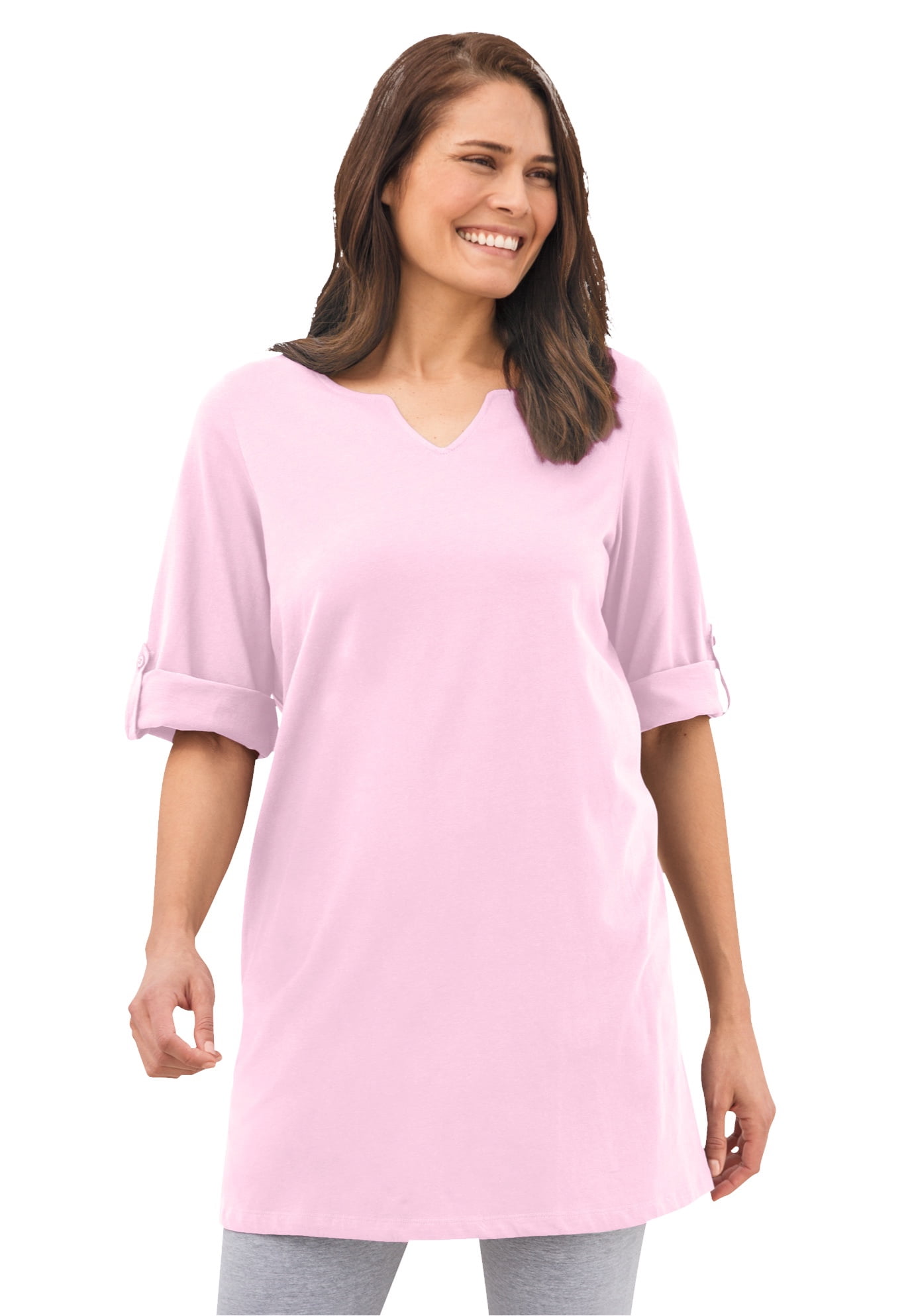 Woman Within Plus Size Perfect Roll-Tab-Sleeve Notch-Neck Tunic ...