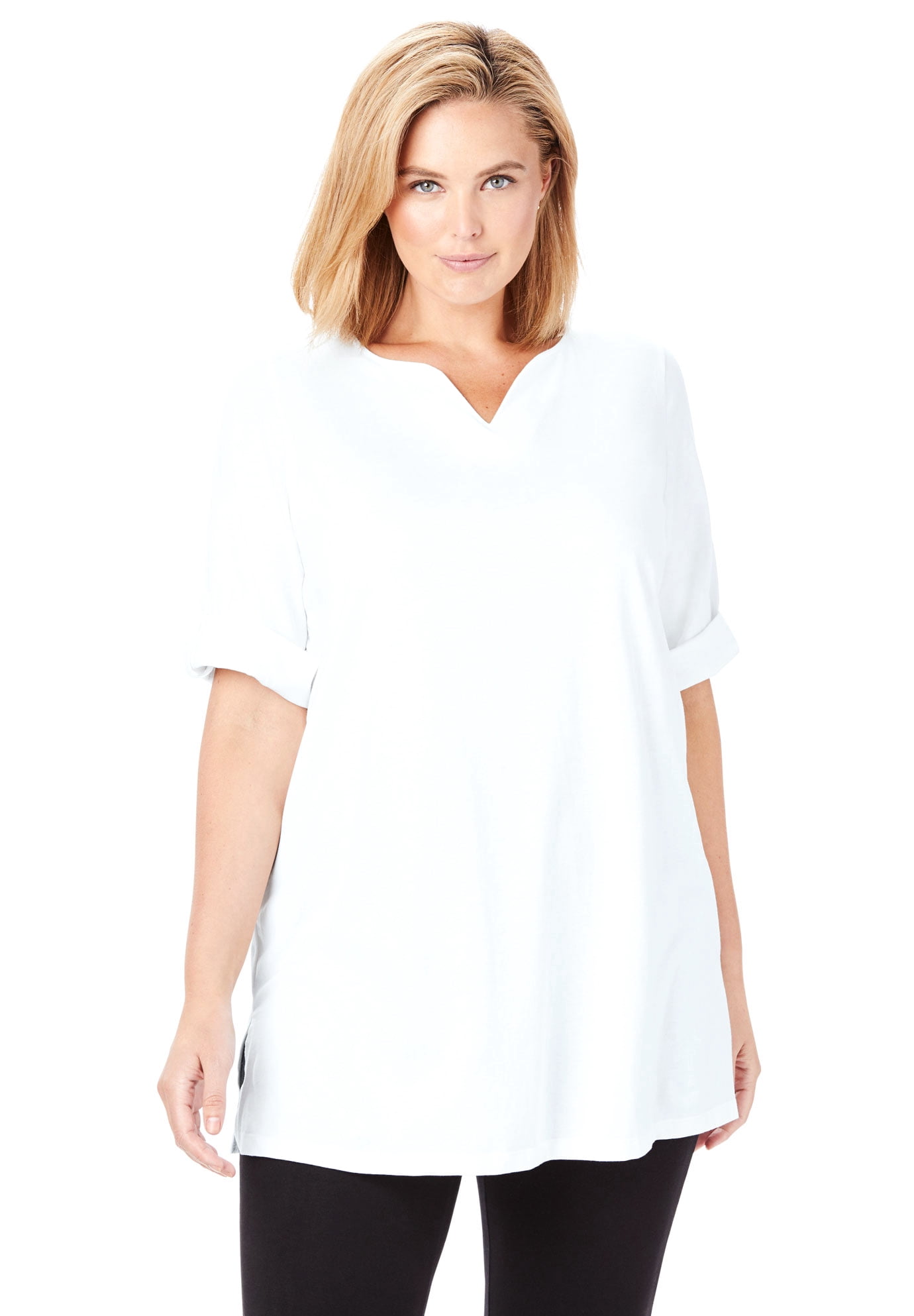 Woman Within Plus Size Perfect Roll-Tab-Sleeve Notch-Neck Tunic ...