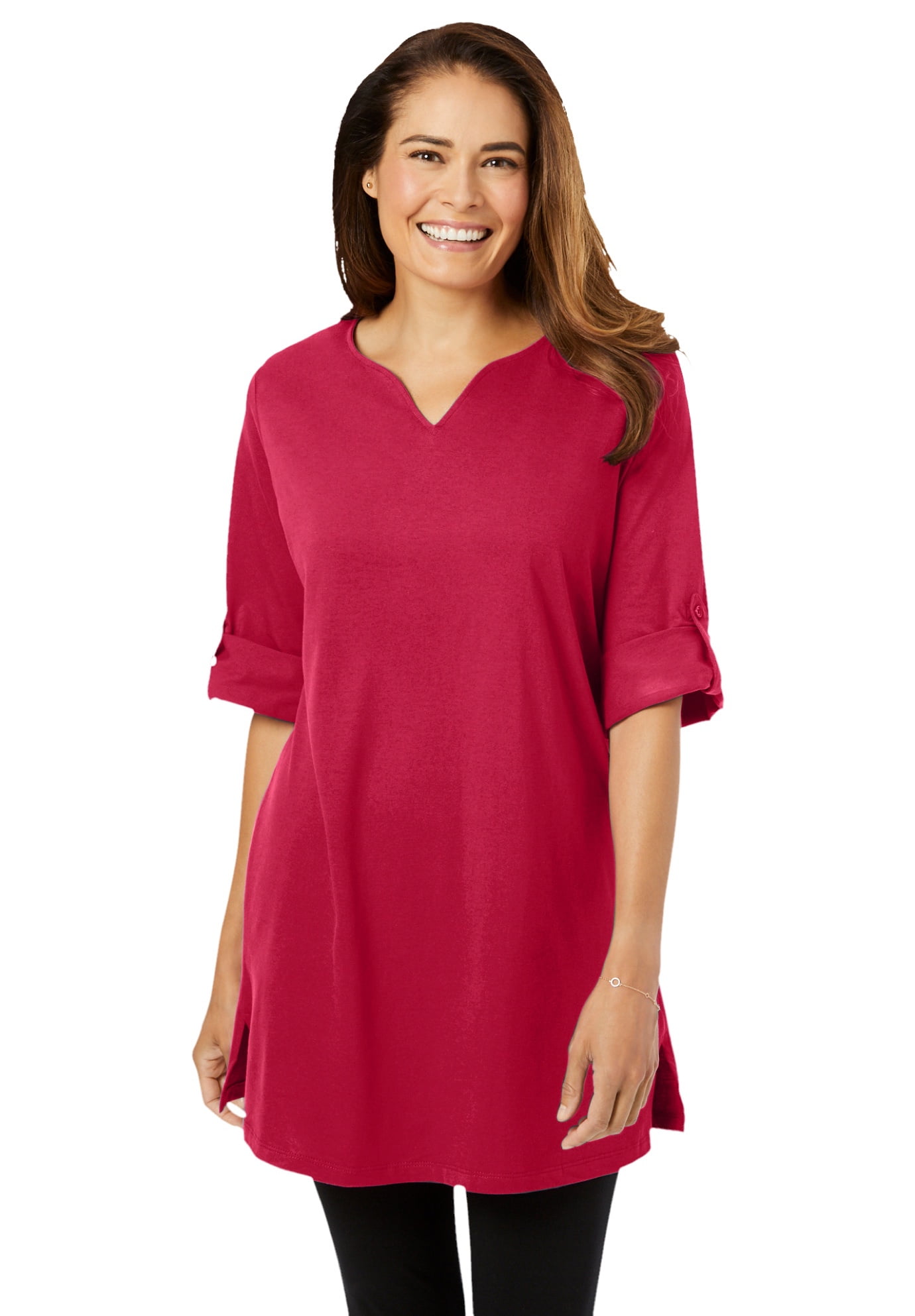 Woman Within Plus Size Perfect Roll-Tab-Sleeve Notch-Neck Tunic ...