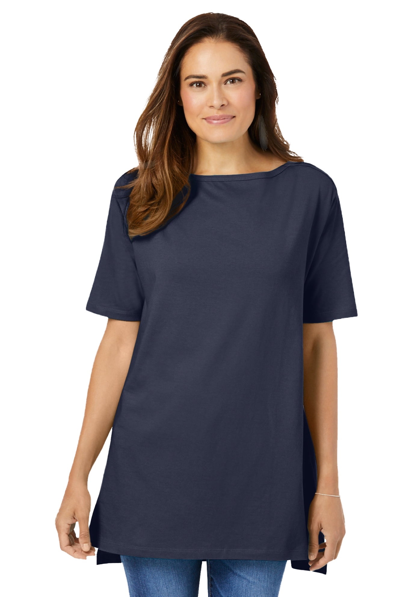 Woman Within Plus Size Perfect Short-Sleeve Boatneck Tunic - Walmart.com