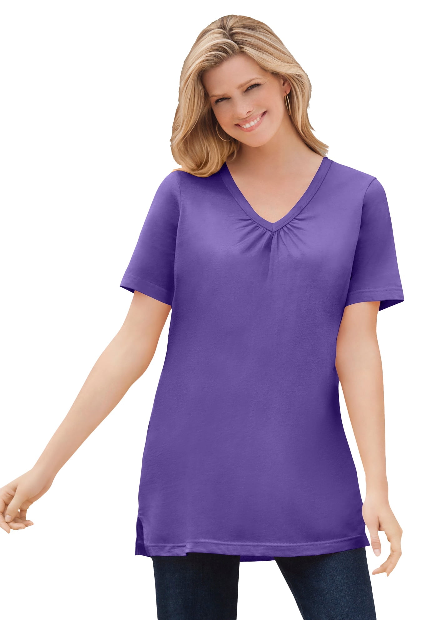 Woman Within Plus Size Perfect Short-Sleeve Shirred V-Neck Tunic ...