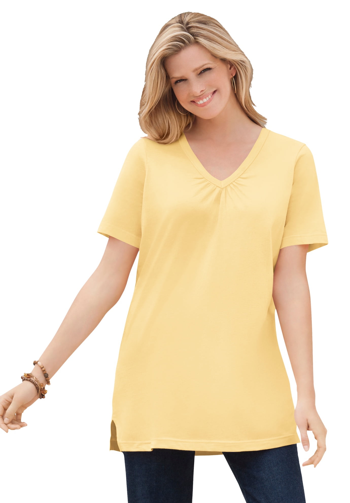 Woman Within Plus Size Perfect Short-Sleeve Shirred V-Neck Tunic ...