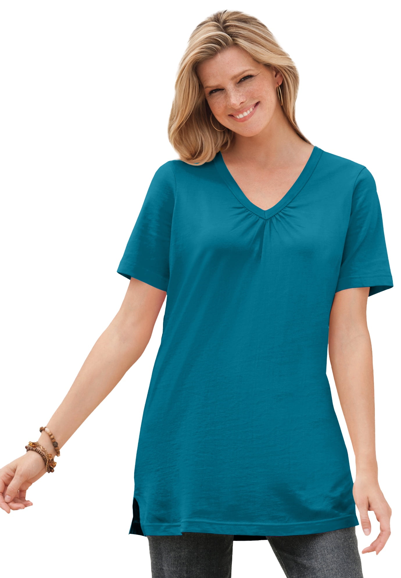Woman Within Women's Plus Size Perfect Short-Sleeve Shirred V-Neck ...