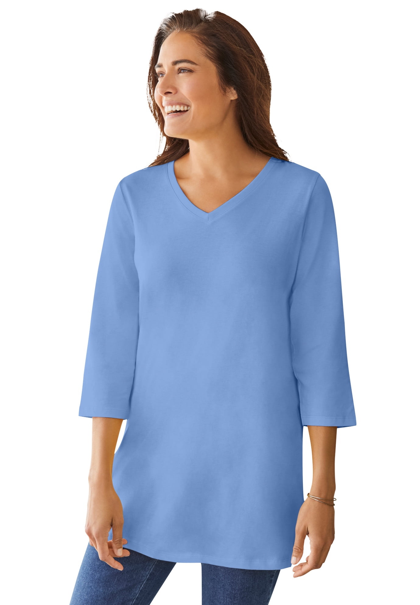 Woman Within Plus Size Perfect Three-Quarter Sleeve V-Neck Tunic ...