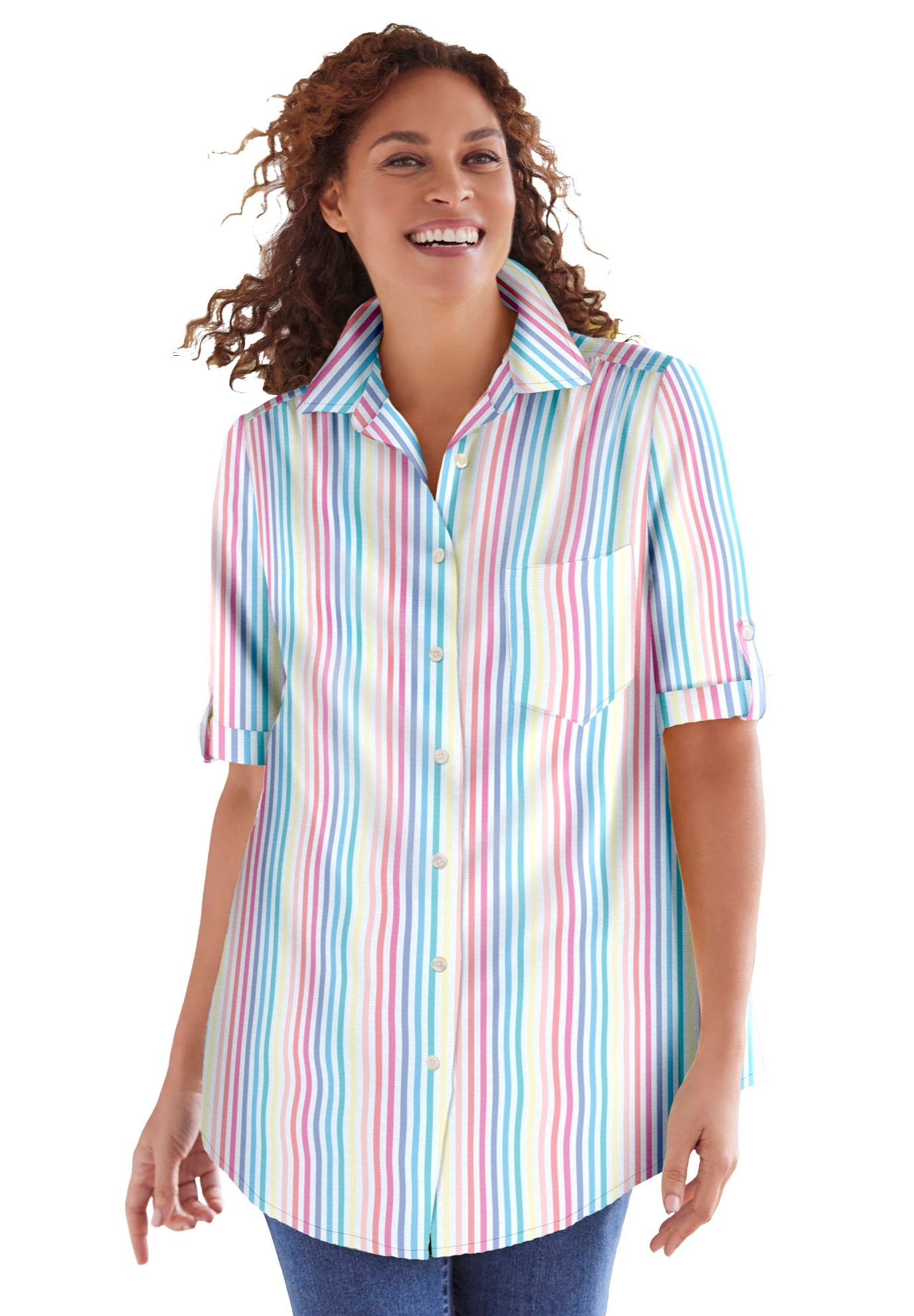 Woman Within Plus Size Short-Sleeve Button Down Seersucker Shirt ...