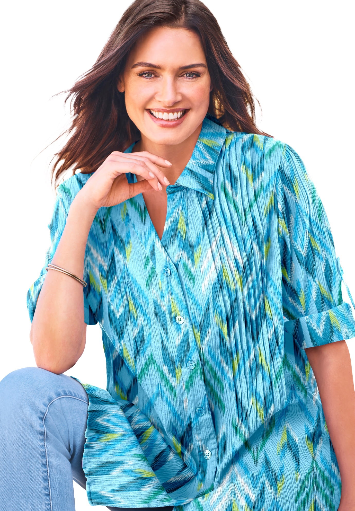 Woman Within Women's Plus Size Pintucked Button Down Gauze Shirt ...
