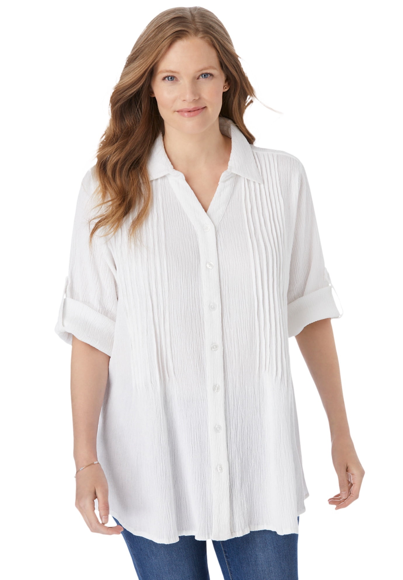 Woman Within Women's Plus Size Pintucked Button Down Gauze Shirt - 3X, White, Front Long Tops ...