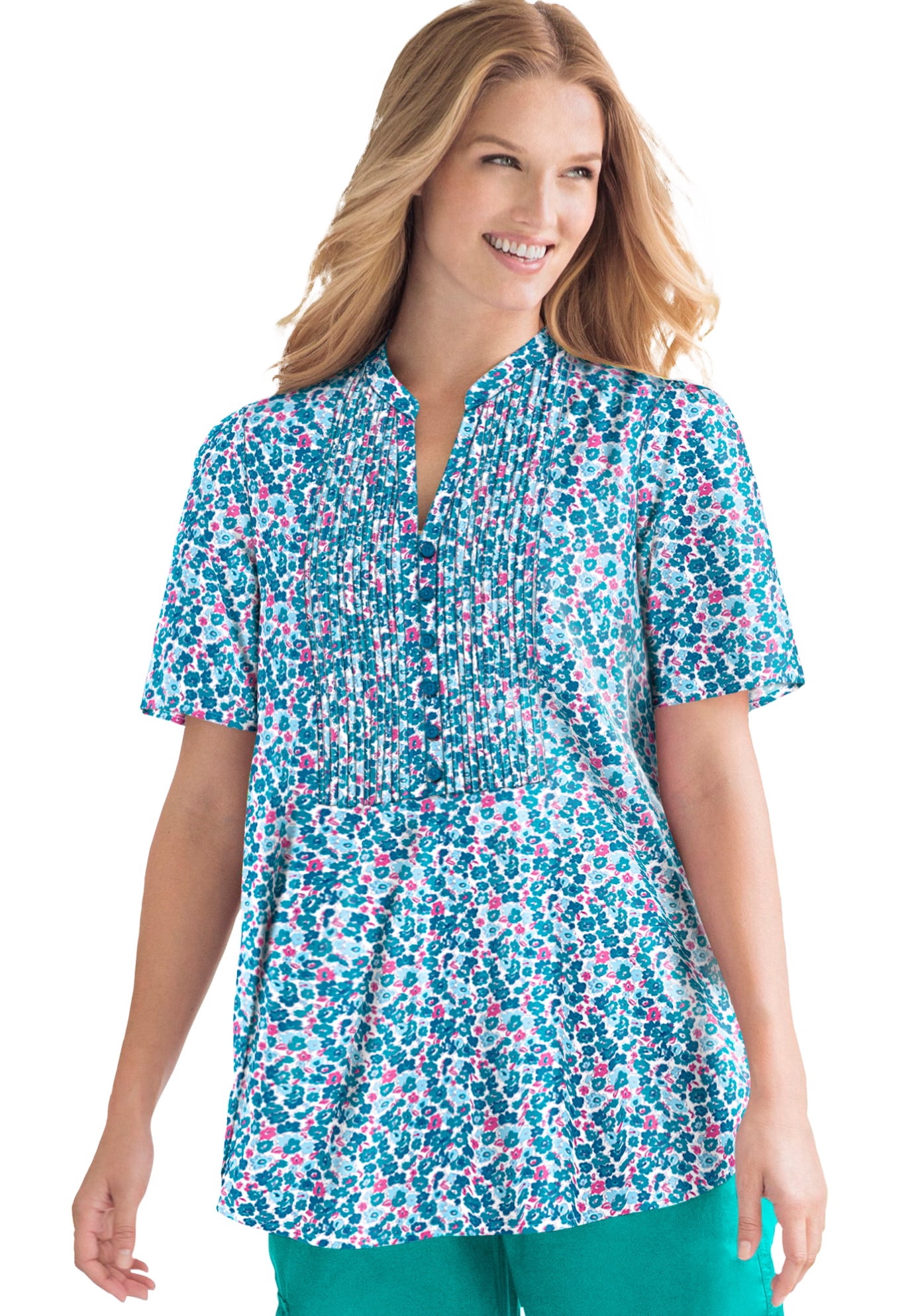 Woman Within Plus Size Pintucked Half-Button Tunic - Walmart.com