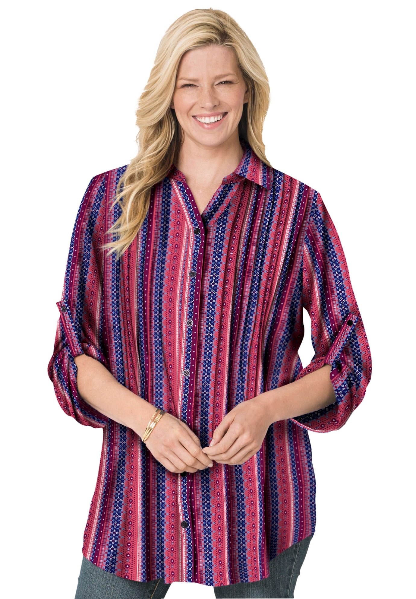 Woman Within Women's Plus Size Pintucked Print Tunic Shirt Tunic ...